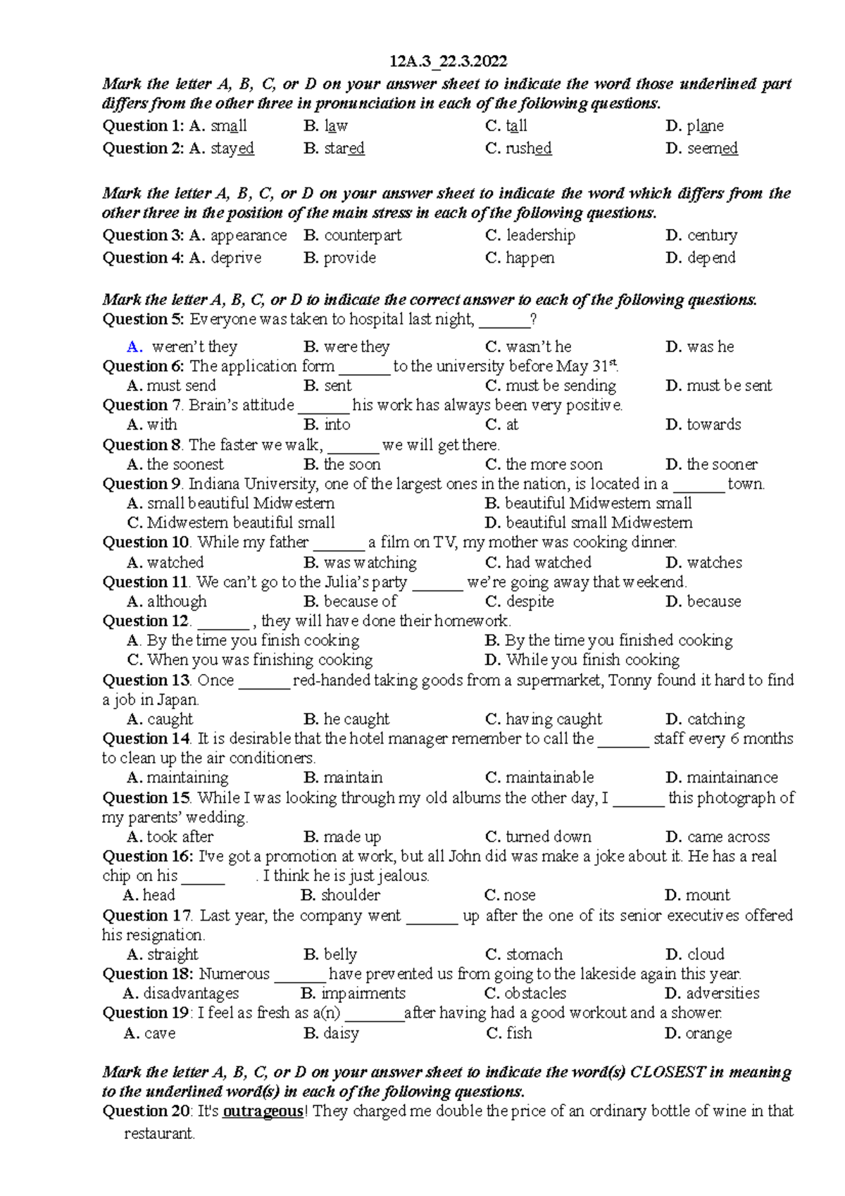 12-A.3 23 - practice test - 12A.3_22. Mark the letter A, B, C, or D on ...