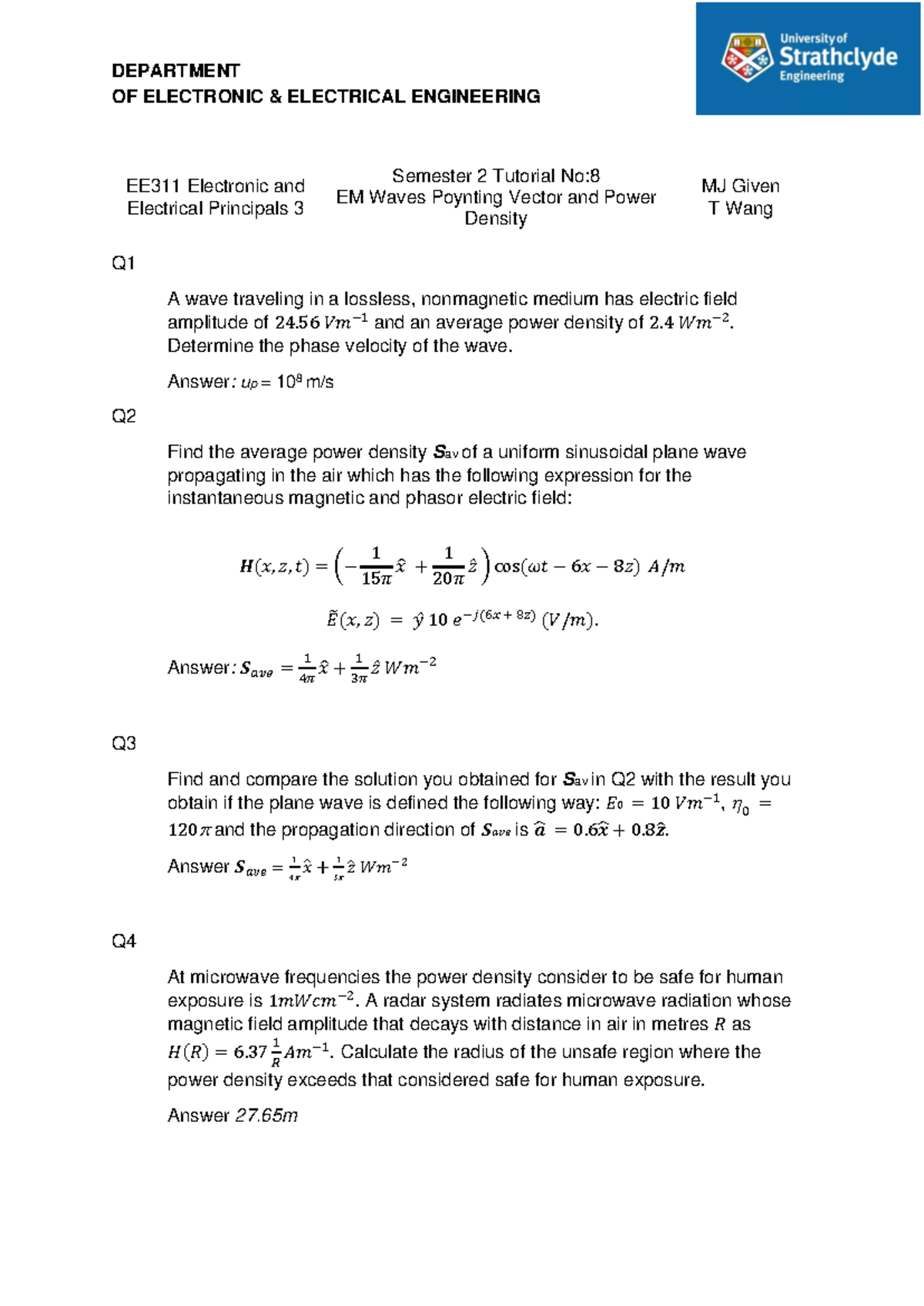 Tutorial 8 EM Power Density - DEPARTMENT OF ELECTRONIC & ELECTRICAL ...