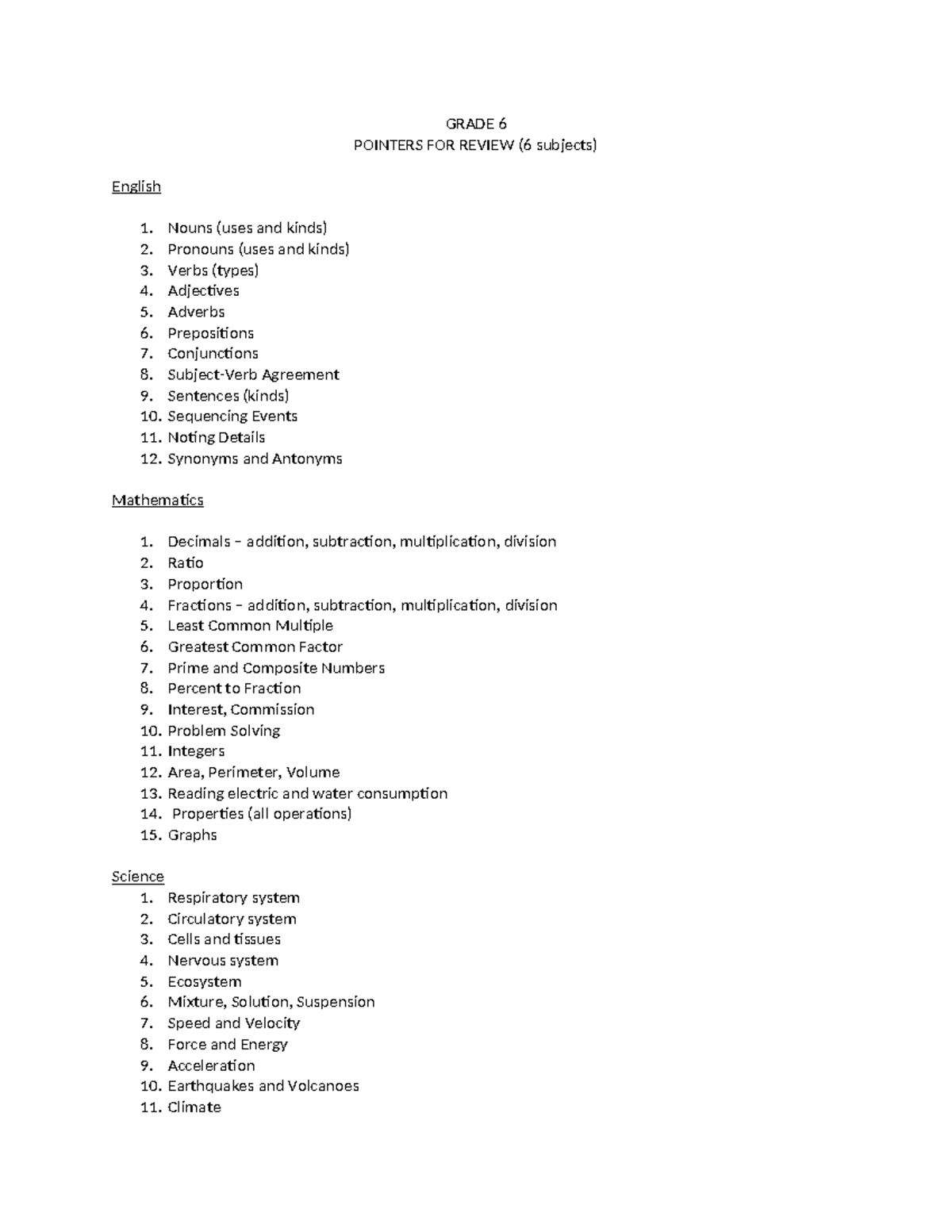 Grade 6 - GRADE 6 POINTERS FOR REVIEW (6 subjects) English Nouns (uses and kinds) Pronouns (uses ...