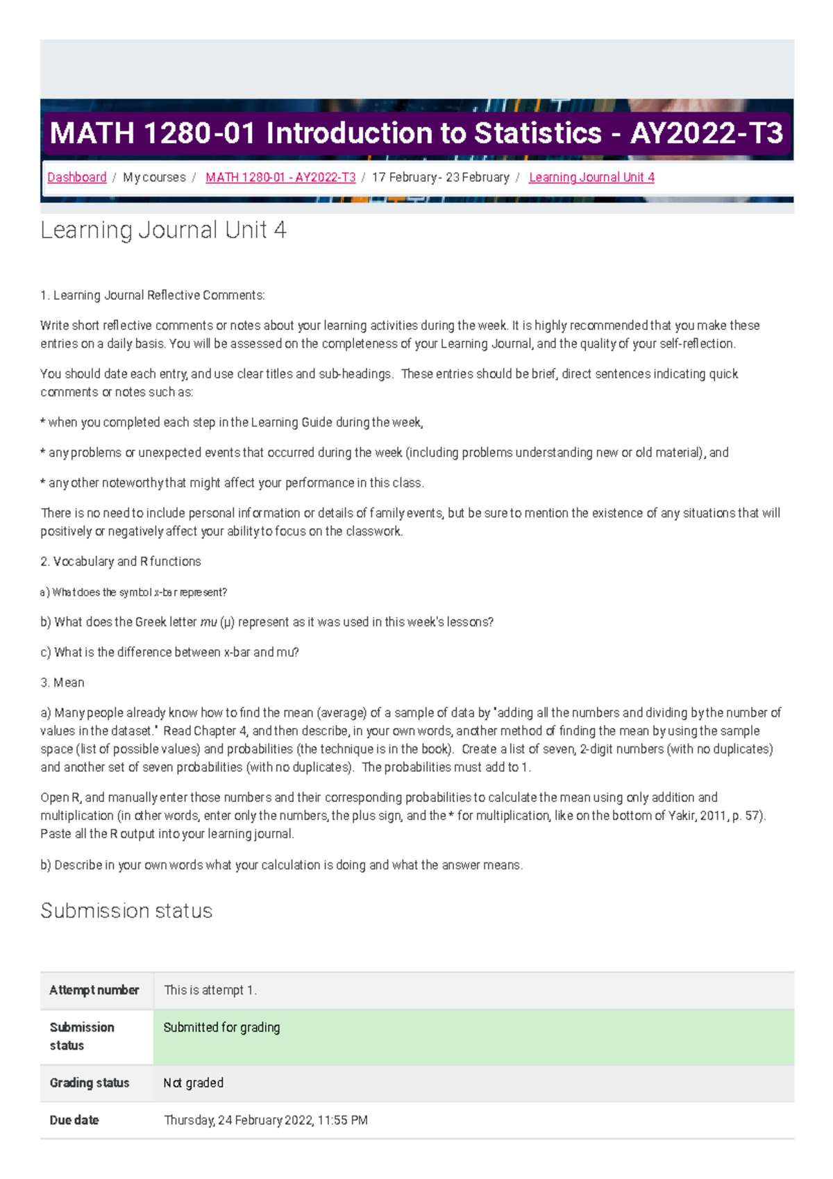 MATH 1280-01 - AY2022-T3: Learning Journal Unit 4 1645698885312 - MATH 1280-01 Introduction to ...