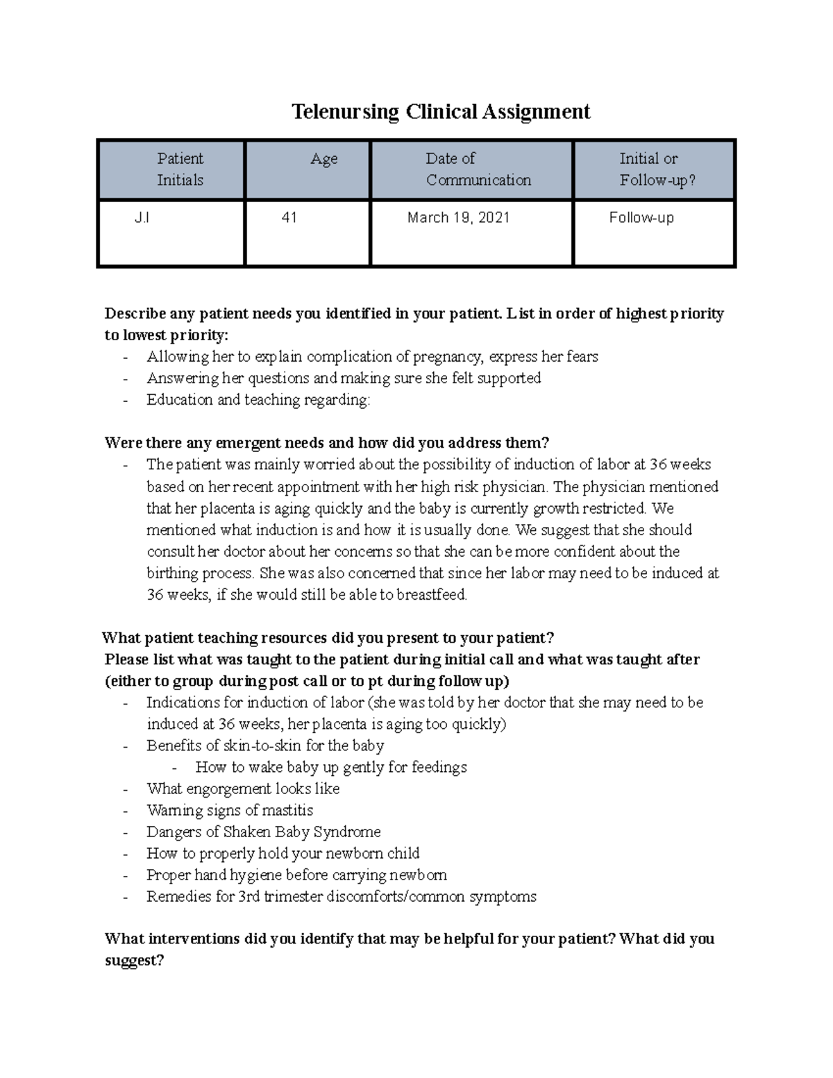 Telenursing Clinical Assignment 2 - Telenursing Clinical Assignment ...