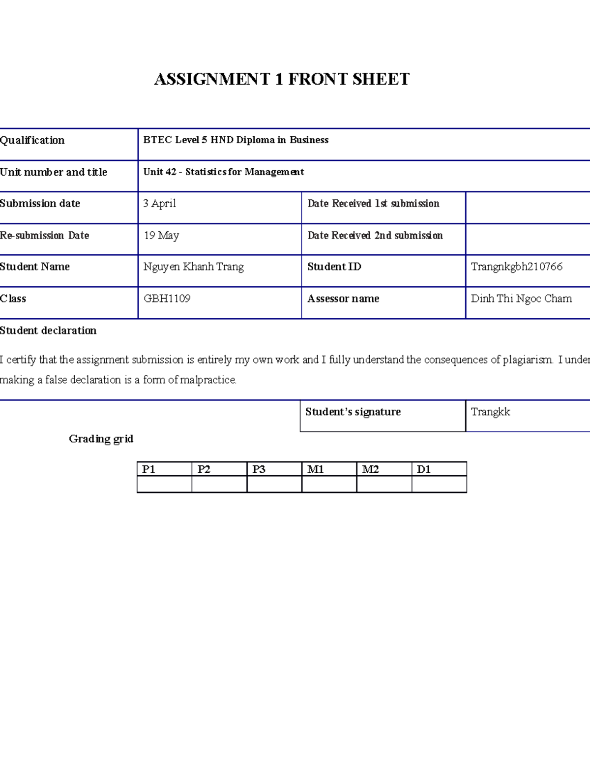 ASM 1 570 - ASSIGNMENT 1 FRONT SHEET BTEC Level 5 HND Diploma in Business number and title Unit ...