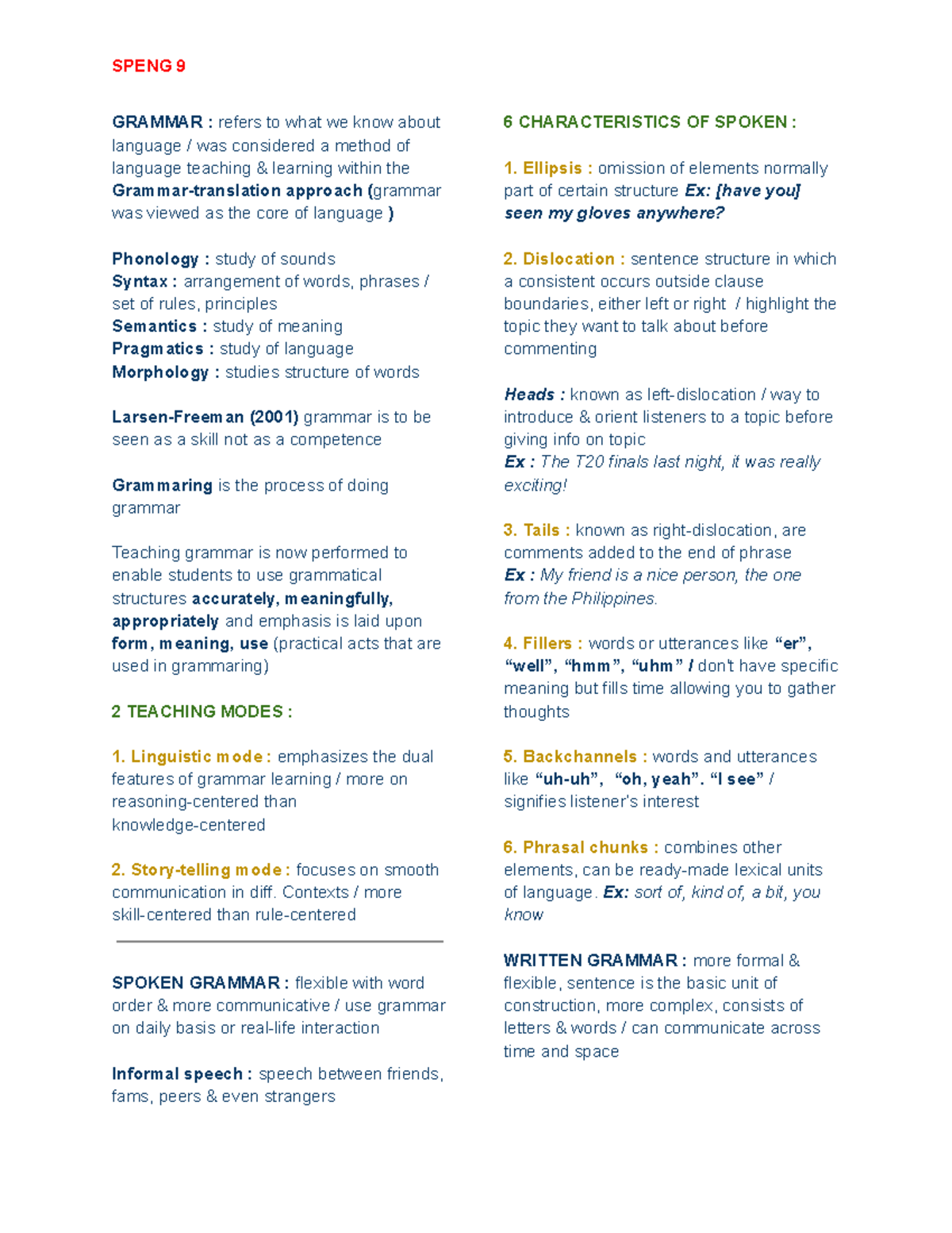 Speng 9- Reviewer - GRAMMAR : refers to what we know about language ...