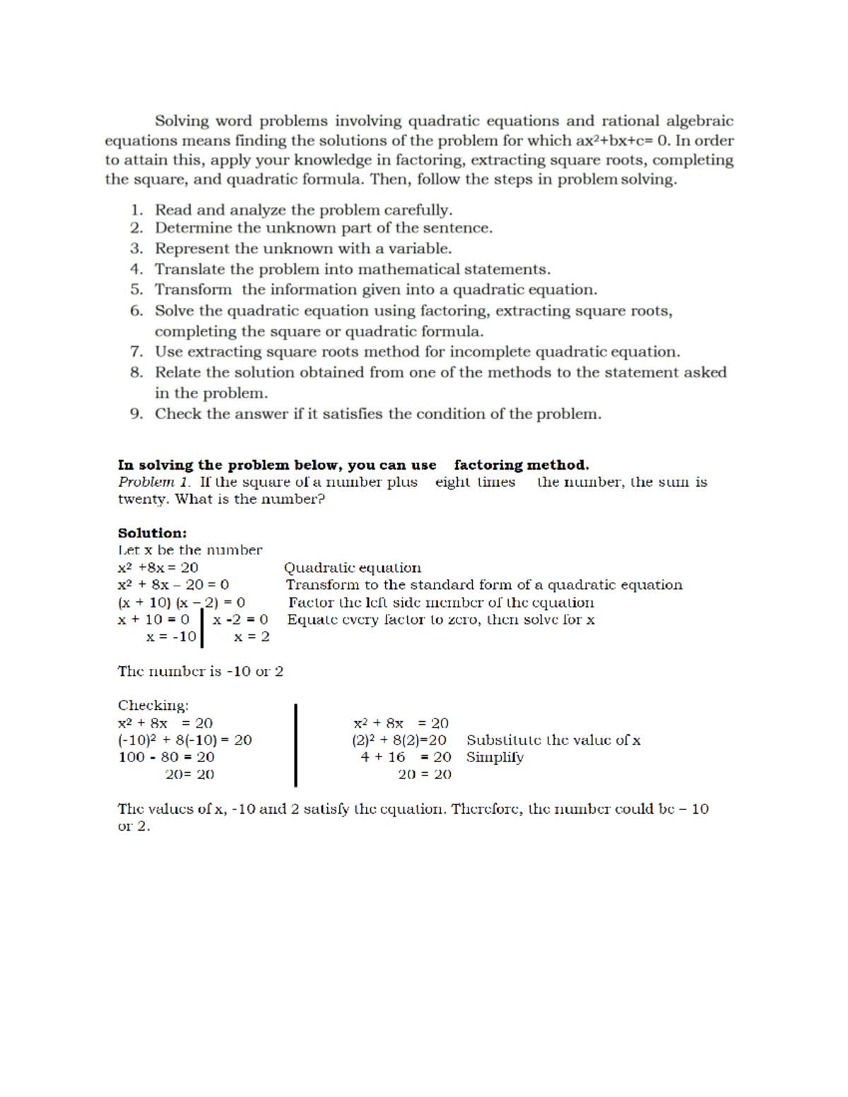 Wordproblems- Activity math - Solving word problems involving quadratic ...