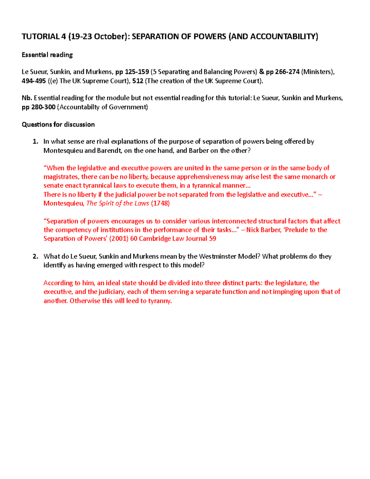 Tutorial 4 - Separation OF Powers (AND Accountability) - TUTORIAL 4 (19-23 October): SEPARATION ...