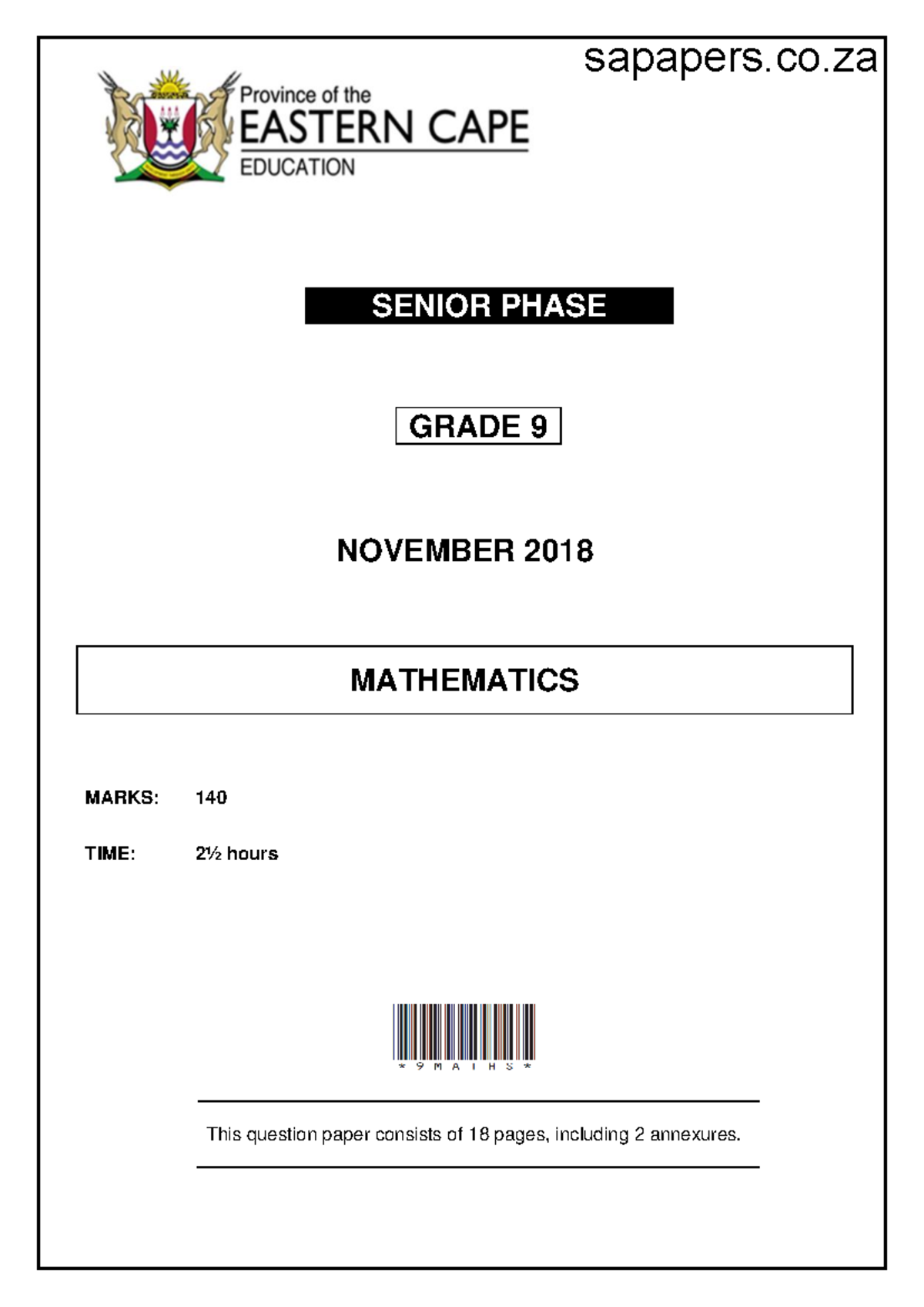 2018 Grade 9 Maths Final EXAM EC - SENIOR PHASE GRADE 9 NOVEMBER 2018 ...