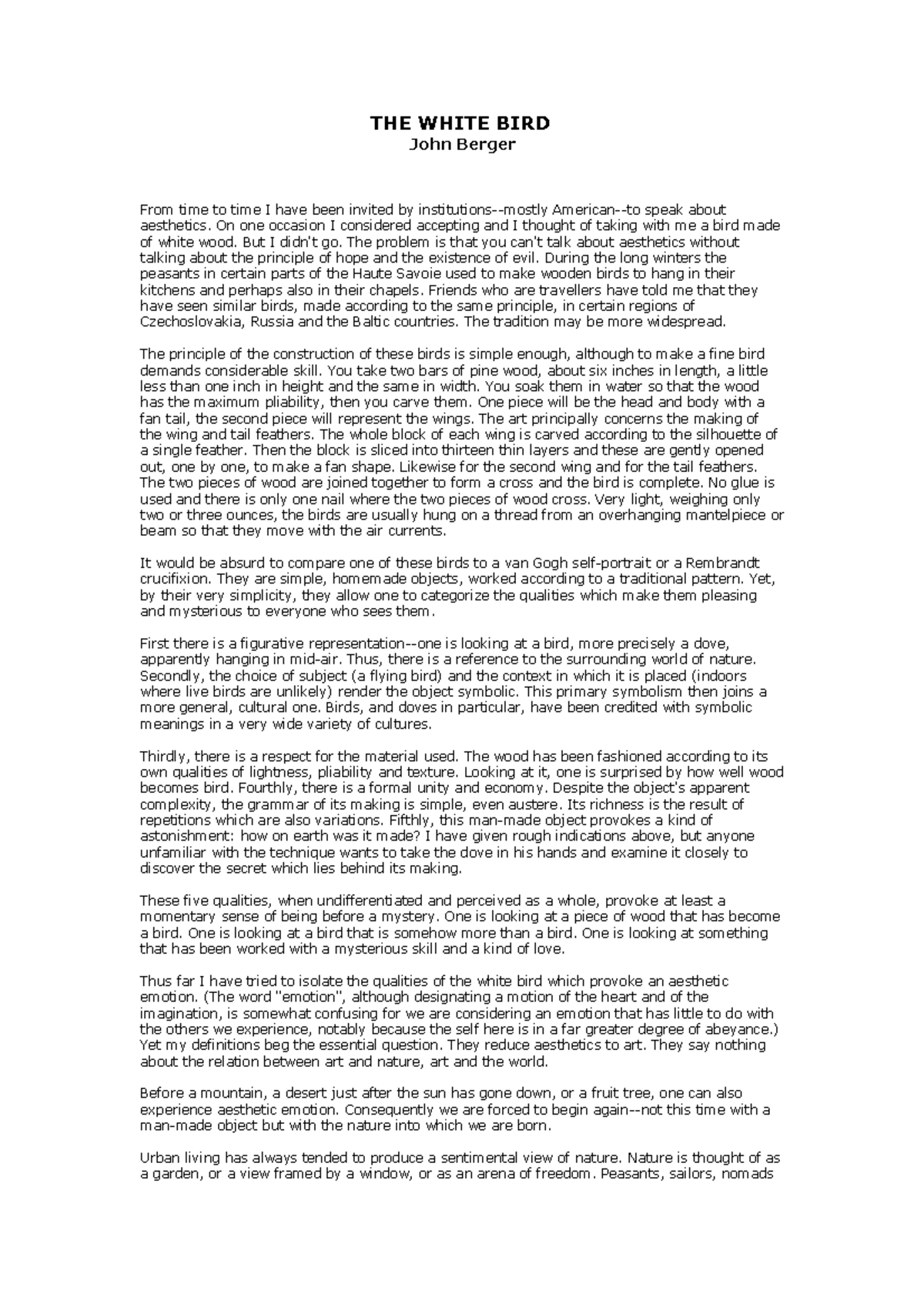 THE White BIRD @0 - THE WHITE BIRD John Berger From time to time I have ...