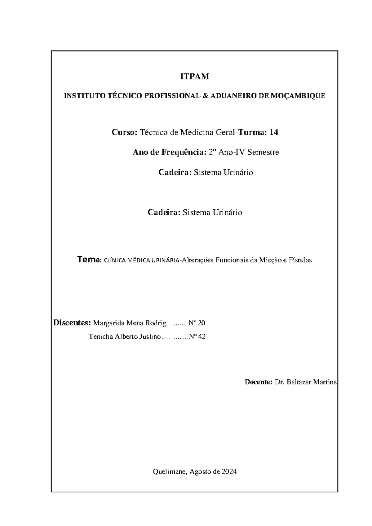 Clínica Médica Urinária - ITPAM INSTITUTO TÉCNICO PROFISSIONAL ...