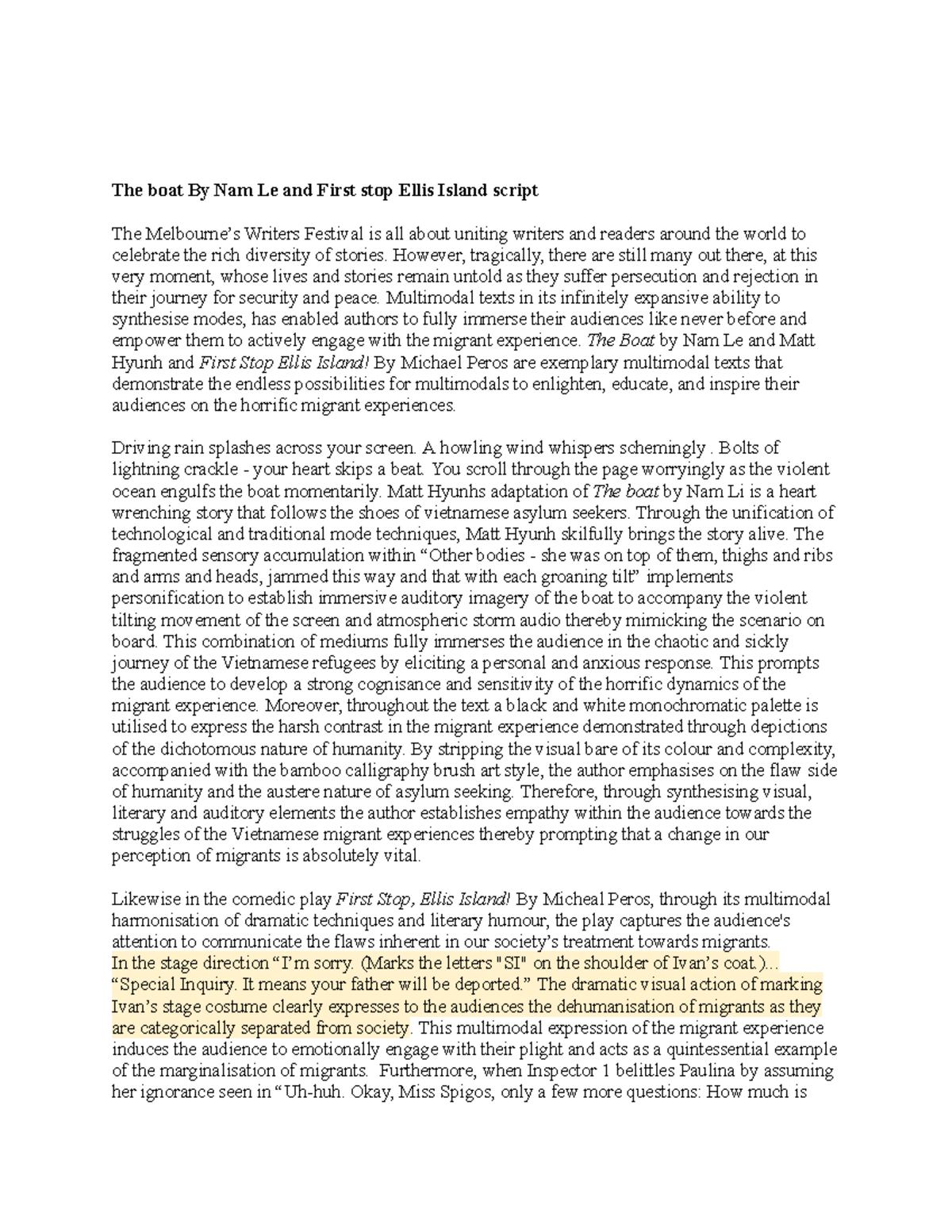 The boat By Nam Le and First stop Ellis Island script - However ...