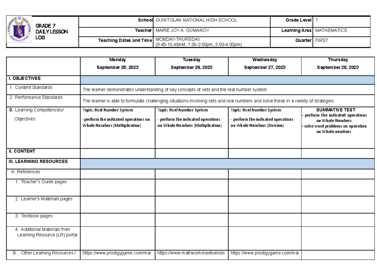 DLL Q1 MATH7 WEEK 5 - math - GRADE 7 DAILY LESSON LOG School GUINTOLAN ...