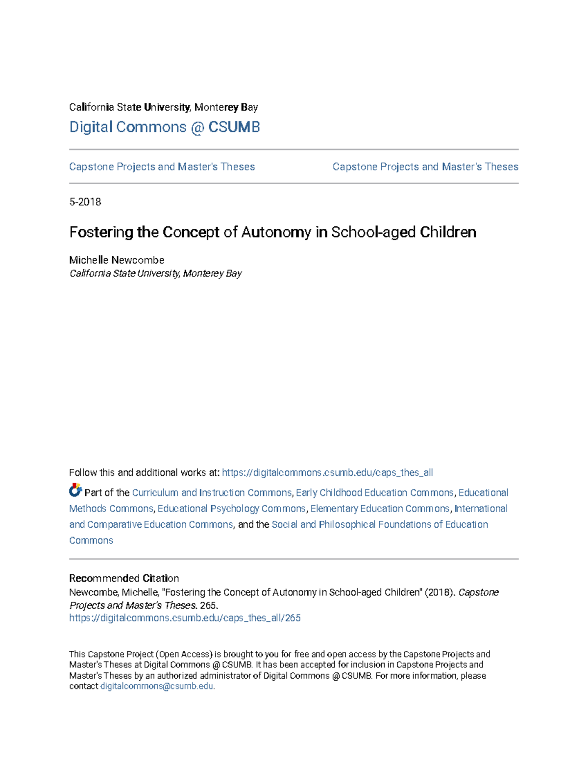 Fostering the Concept of Autonomy in School-aged Children - California ...
