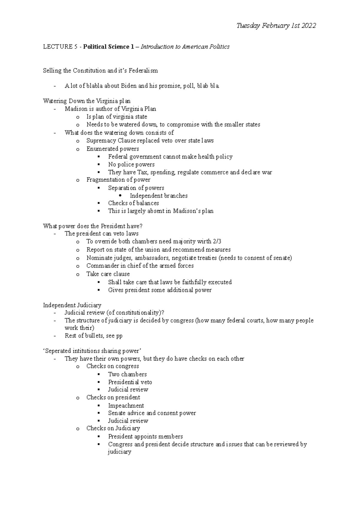 Lectures 1-6 Notes - LECTURE 5 - Political Science 1 – Introduction to ...