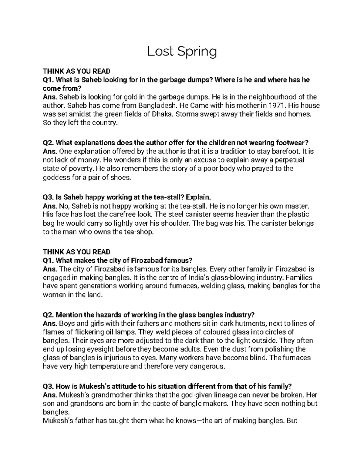 Document - Notes for the Lost spring lesson. - Lost Spring THINK AS YOU ...
