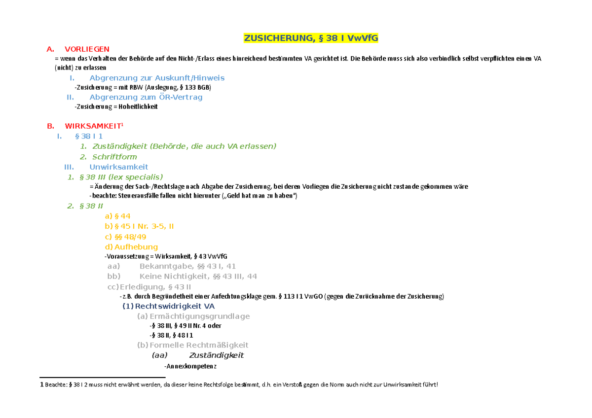 Zusicherung, § 38 I VwVfG - ZUSICHERUNG, § 38 I VwVfG A. VORLIEGEN ...