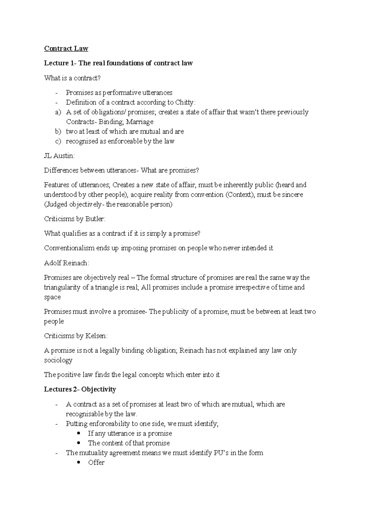 Contract Law Notes - Contract Law Lecture 1- The real foundations of ...