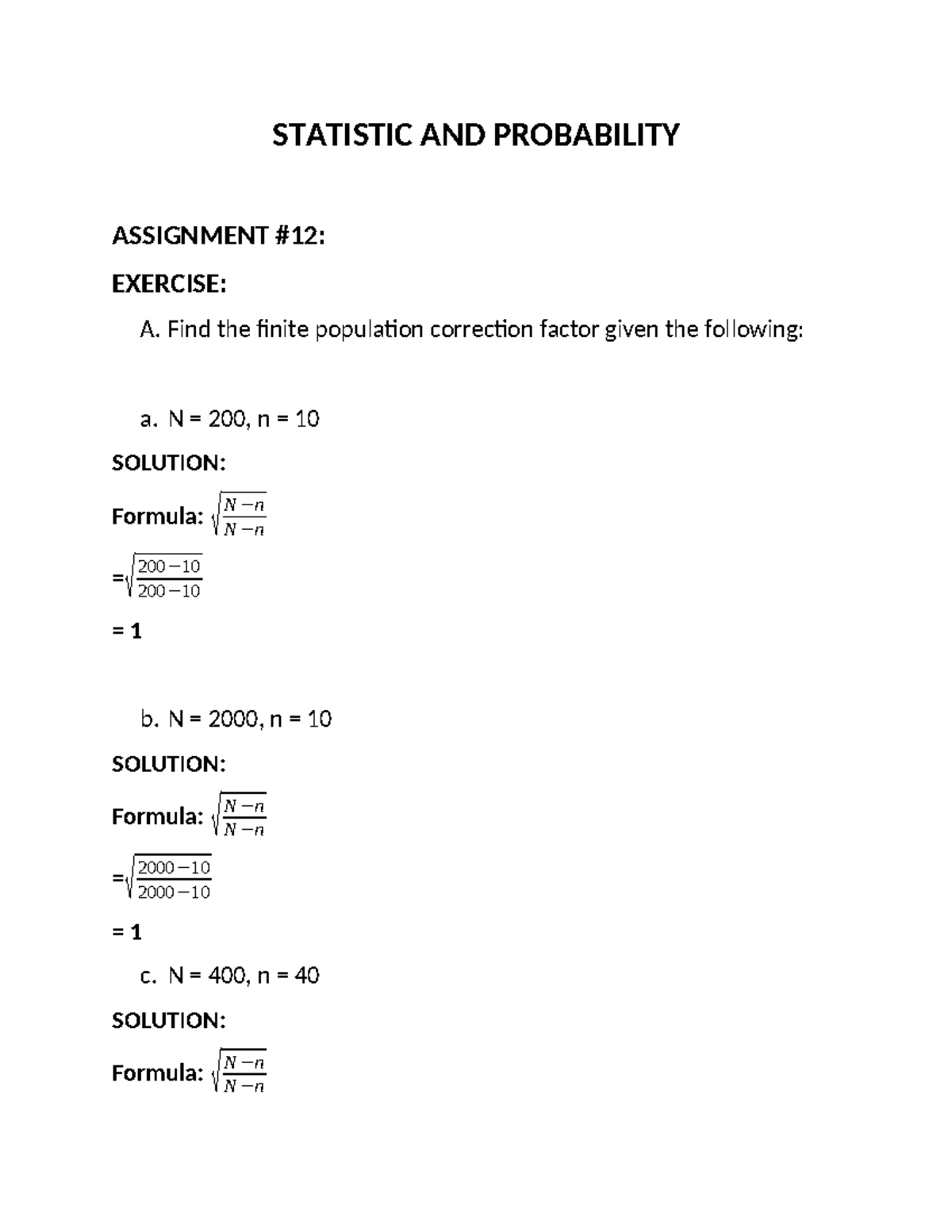 Statistic AND Probability Assign. #12 - STATISTIC AND PROBABILITY ASSIGNMENT #12: EXERCISE: A ...