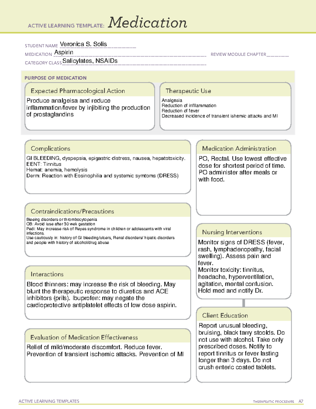 Aspirin - ACTIVE LEARNING TEMPLATES TherapeuTic procedure A Medication ...