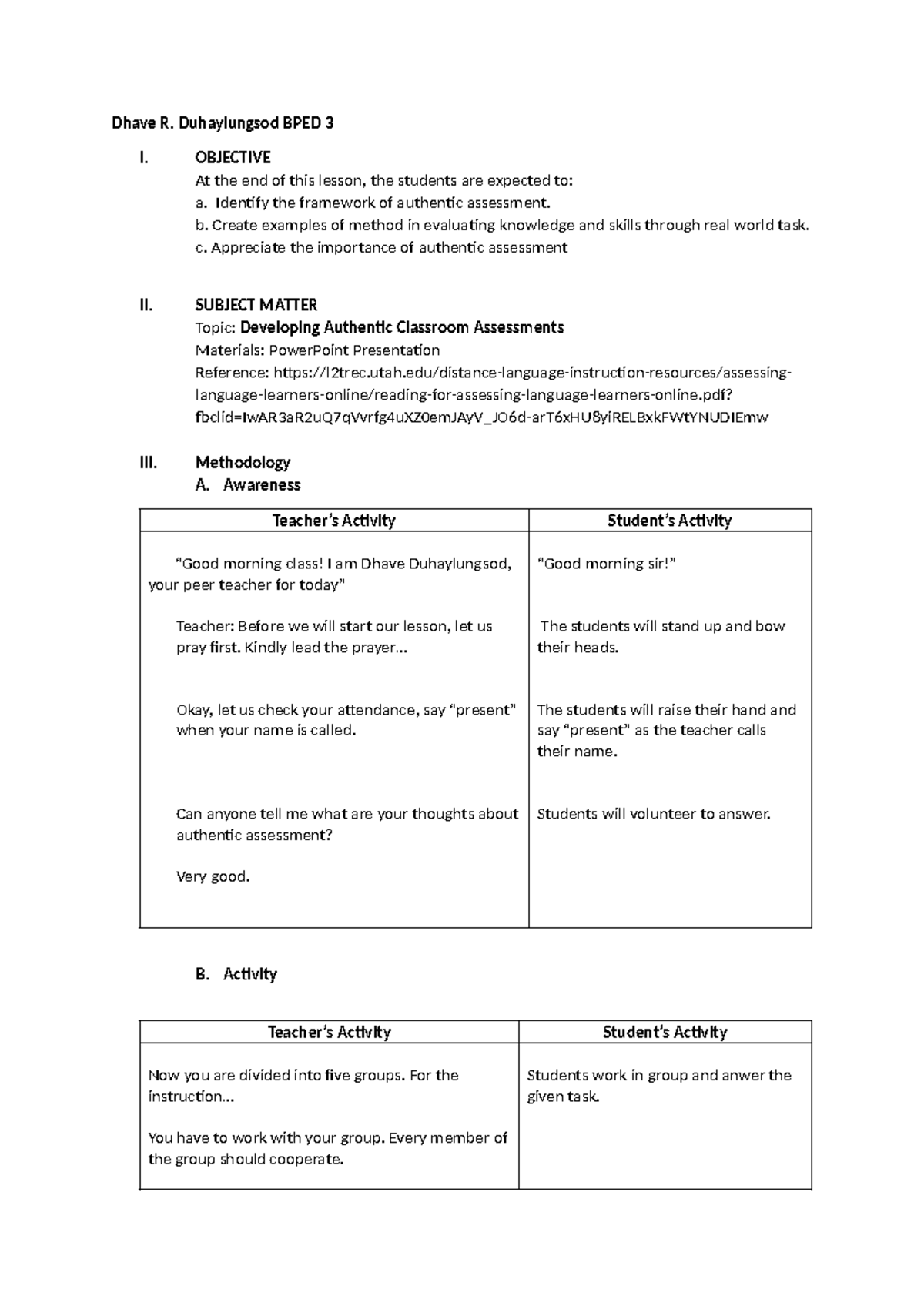 Lessonplan-ni-dhave - 2223 - Dhave R. Duhaylungsod BPED 3 I. OBJECTIVE ...