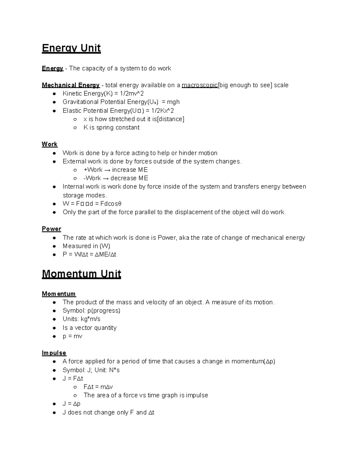 Physics Sem 2 notes - Energy Unit Energy - The capacity of a system to ...