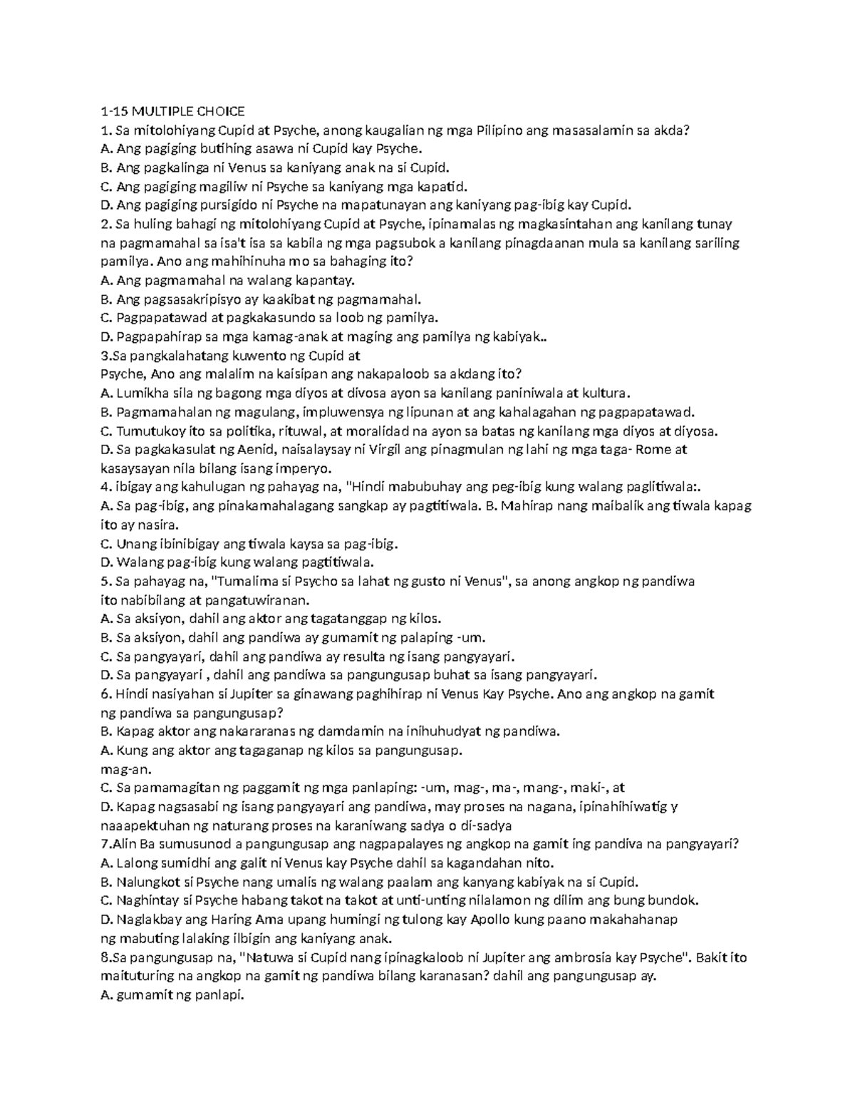 Quiz 2 - Fil.10 - 1-15 MULTIPLE CHOICE Sa mitolohiyang Cupid at Psyche ...