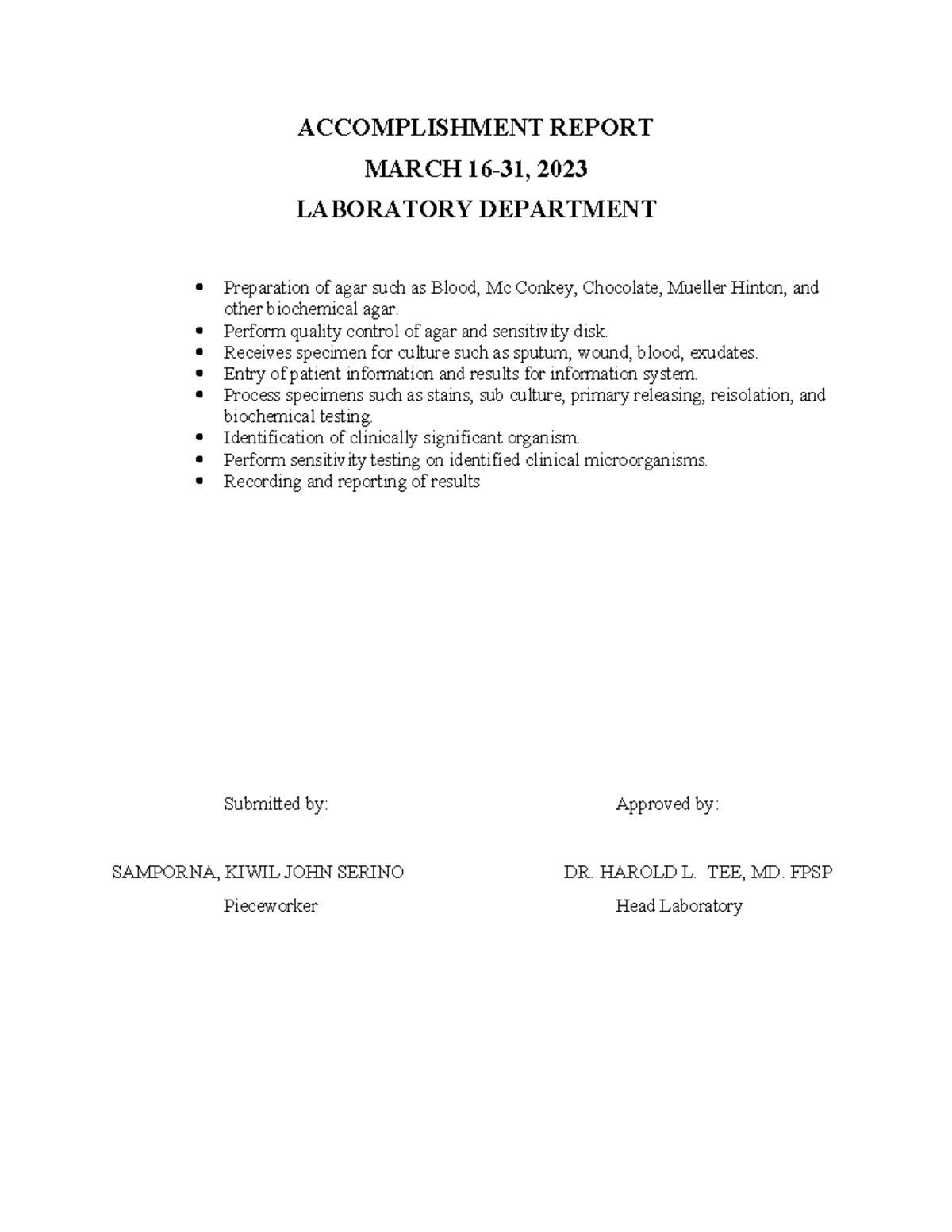 Samporna Accomplishment Report - ACCOMPLISHMENT REPORT MARCH 16-31 ...