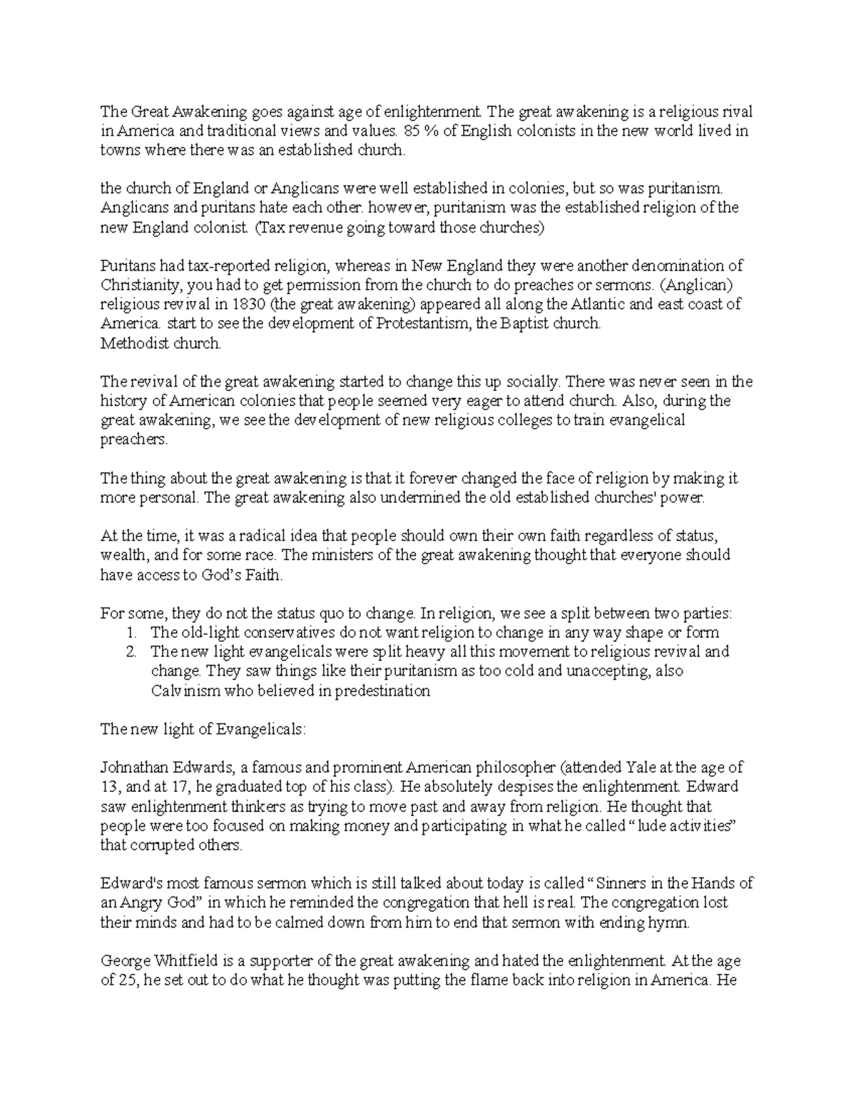 Exam 1 - dr trisler - The Great Awakening goes against age of ...