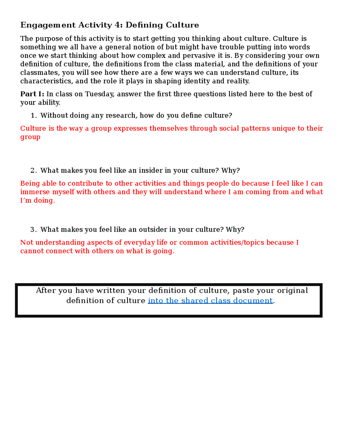 Engagement Activity 4 Defining Culture - Engagement Activity 4 ...