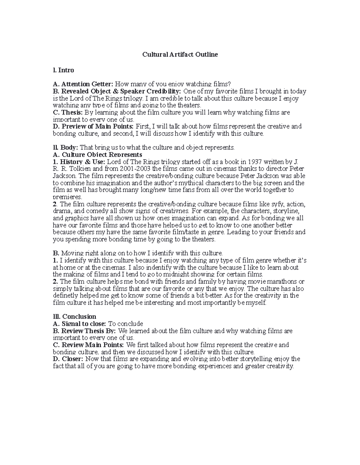 CA Speech Outline - Cultural Artifact Outline l. Intro A. Attention ...