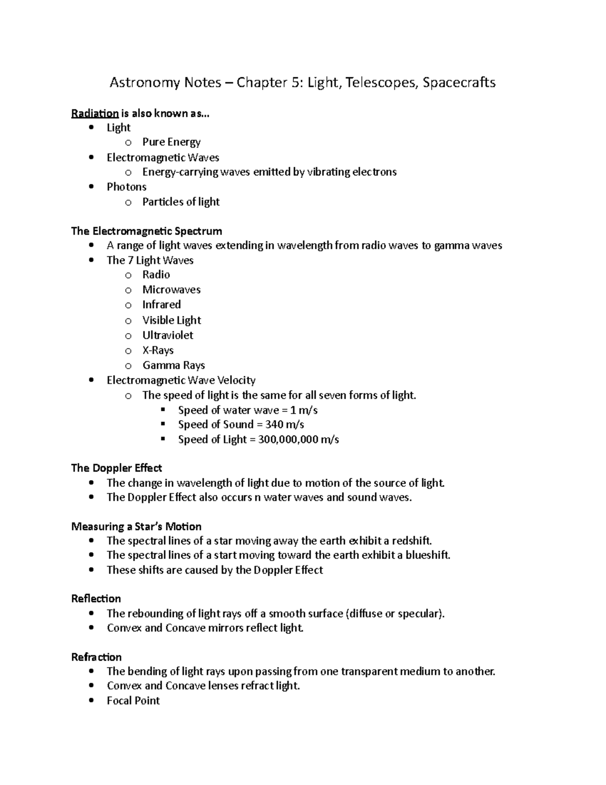 Astronomy Notes Chapter 5 - Speed of water wave 1 Speed of Sound 340 ...