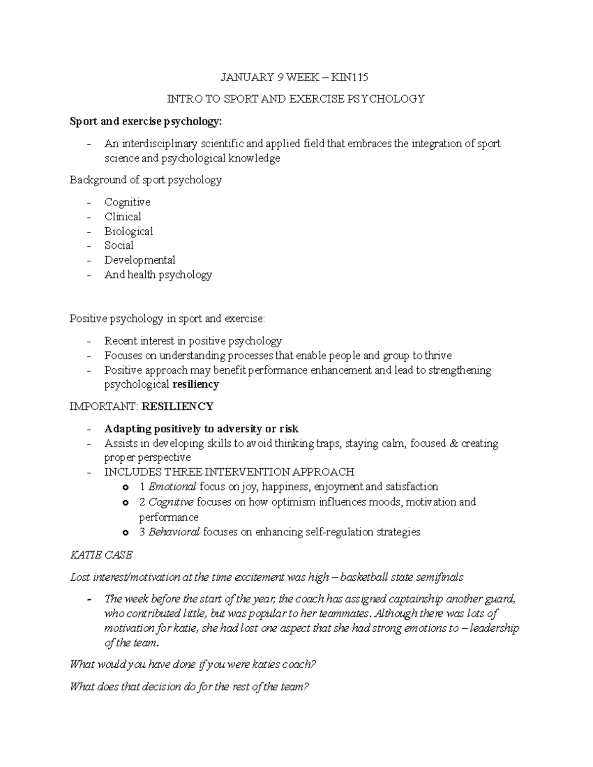 Intro TO Sport AND Psychology - JAN 9 - JANUARY 9 WEEK – KIN INTRO TO ...