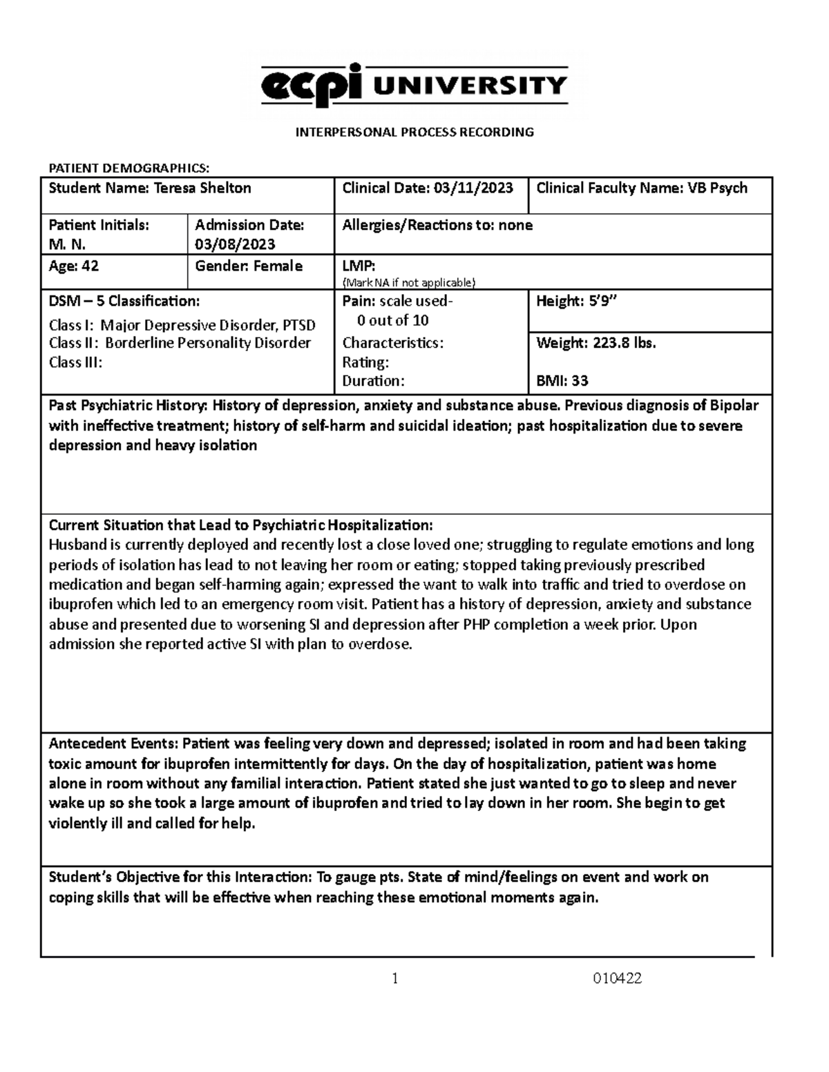 Clinical recording 2 MH Nursing - INTERPERSONAL PROCESS RECORDING ...