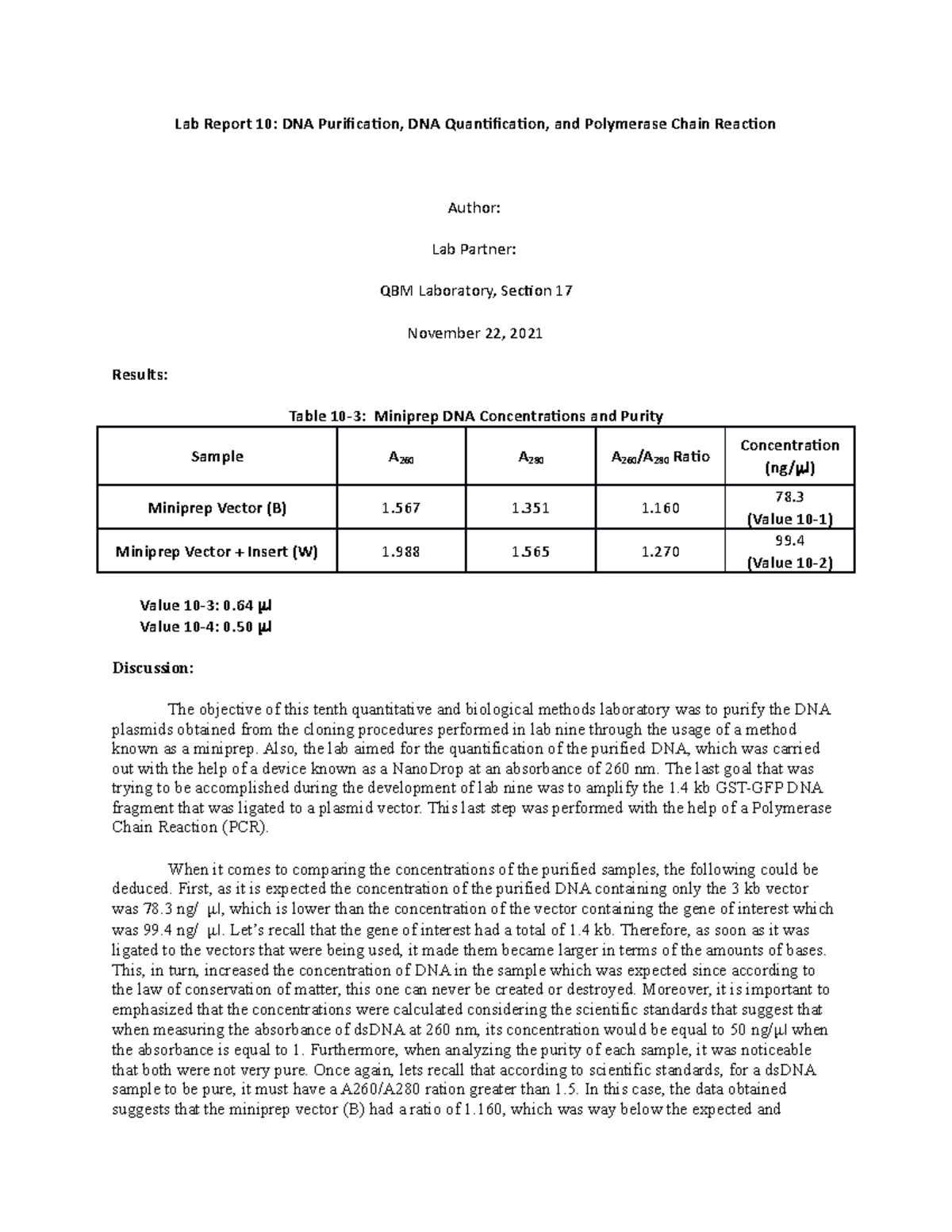 Lab Report 10 QBM - Lab Report 10: DNA Purification, DNA Quantification ...