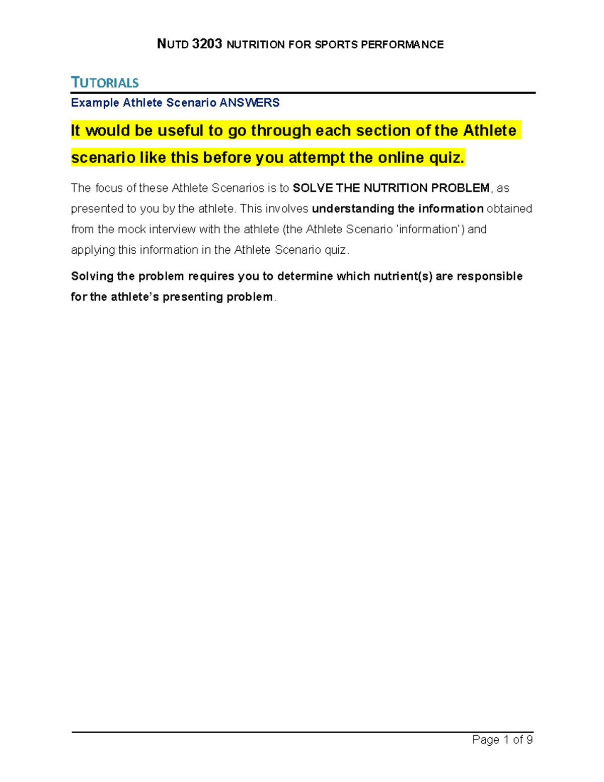Example athlete scenario Answer paper - TUTORIALS Example Athlete ...