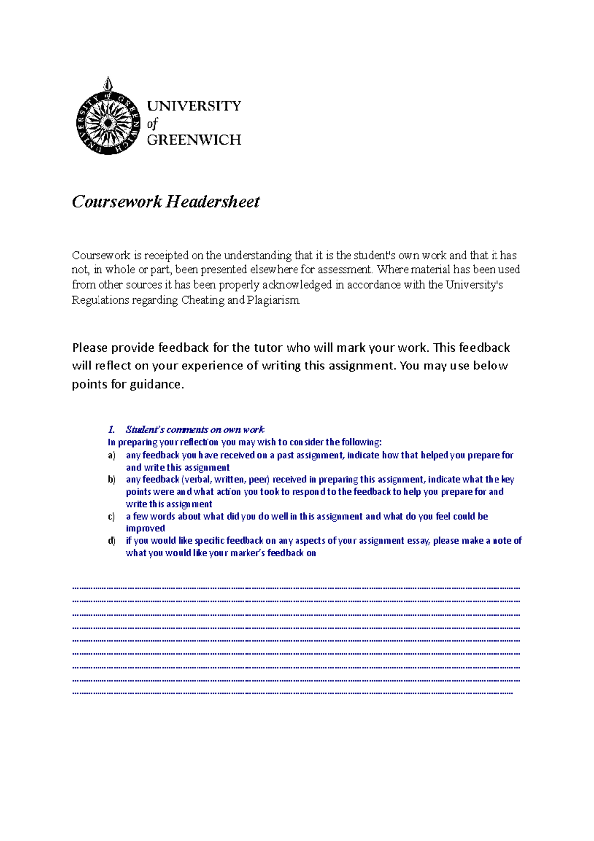 Coursework Headersheet - Coursework Headersheet Coursework is receipted ...