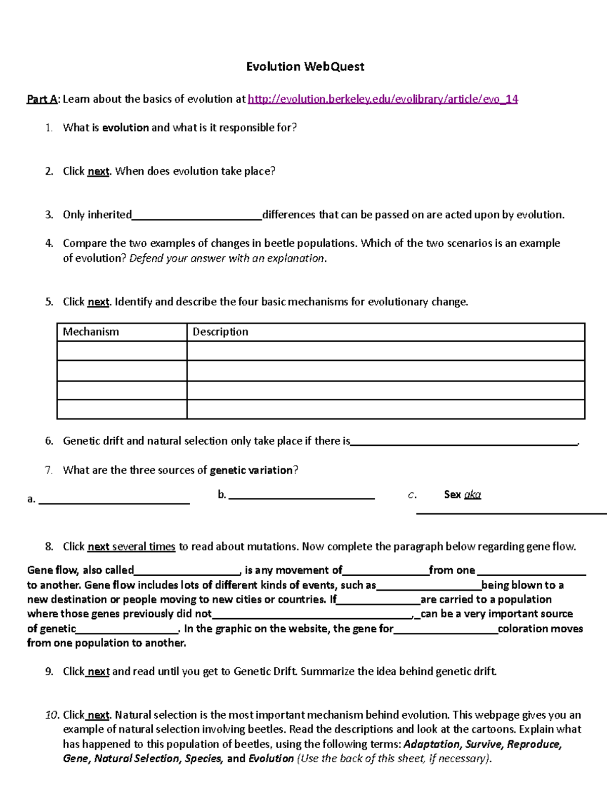 Evolution WQ - ..... - Evolution WebQuest Part A: Learn about the ...