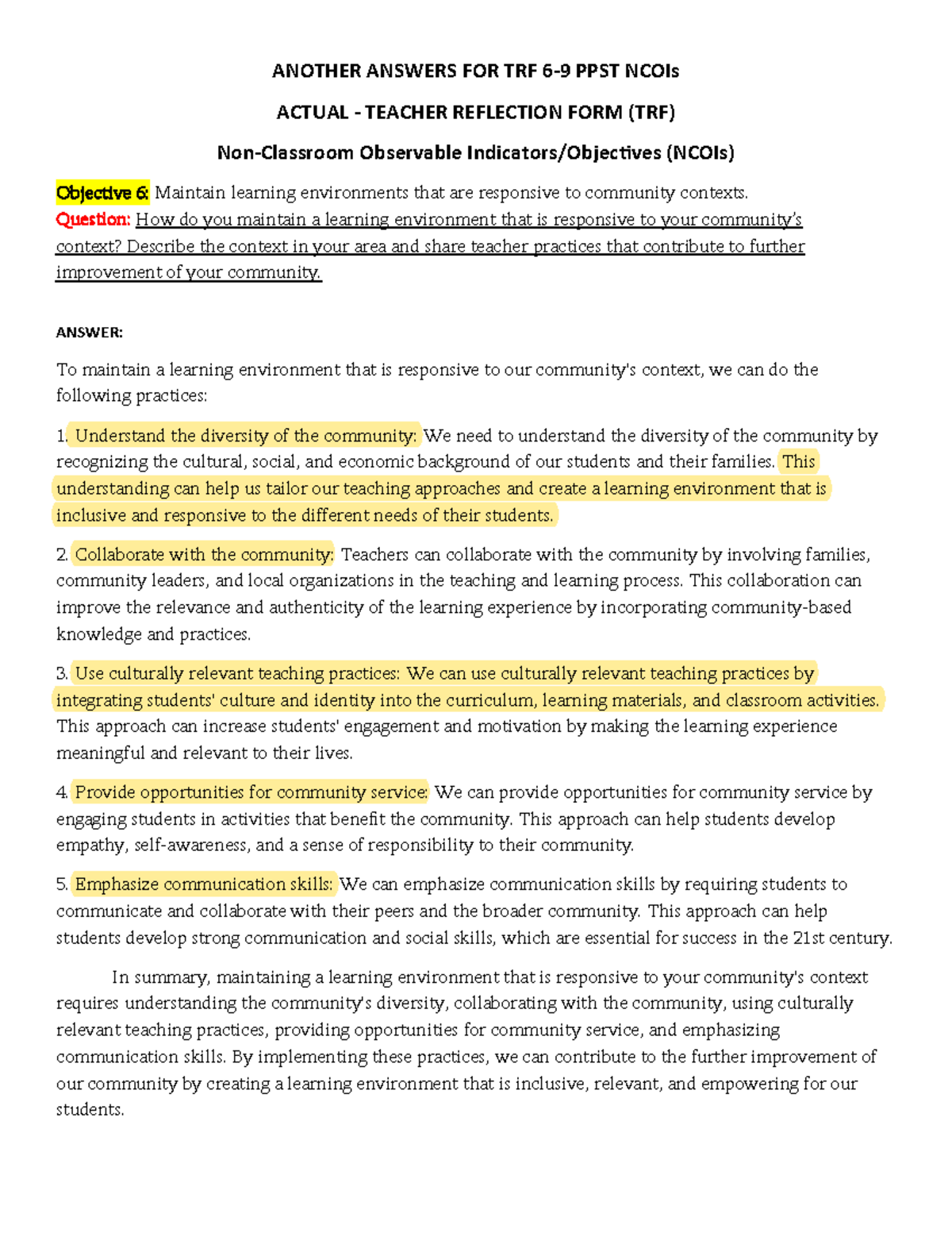 Trf reviewer (answers) - ANOTHER ANSWERS FOR TRF 6-9 PPST NCOIs ACTUAL ...