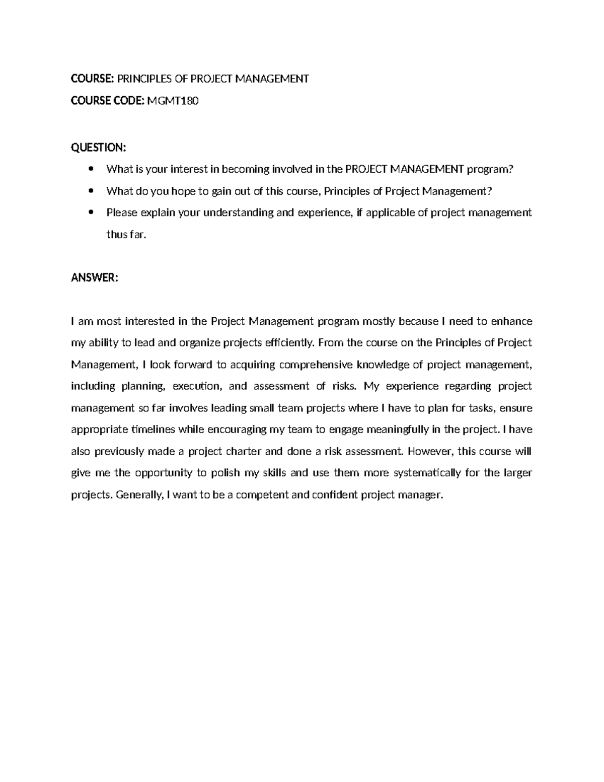Principles of Project Management Assignment - COURSE: PRINCIPLES OF ...