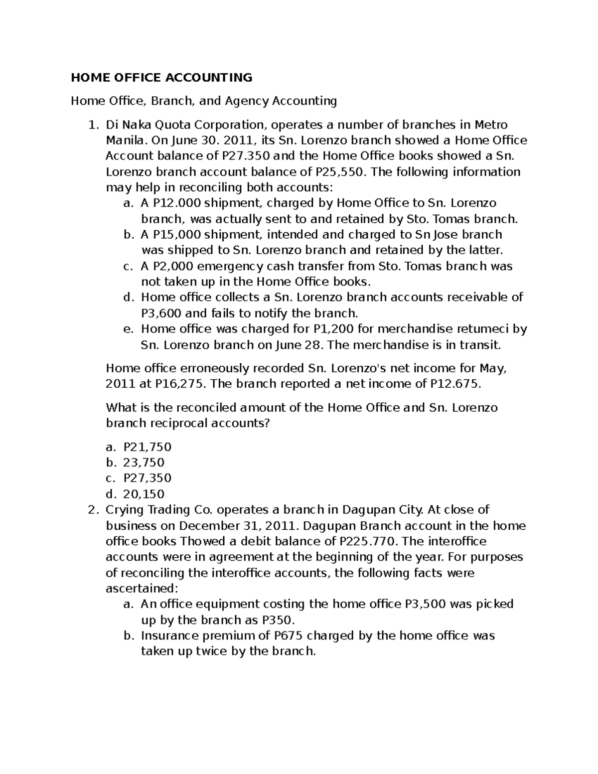 HOME- Office- Acctg - HOME OFFICE ACCOUNTING Home Office, Branch, and ...