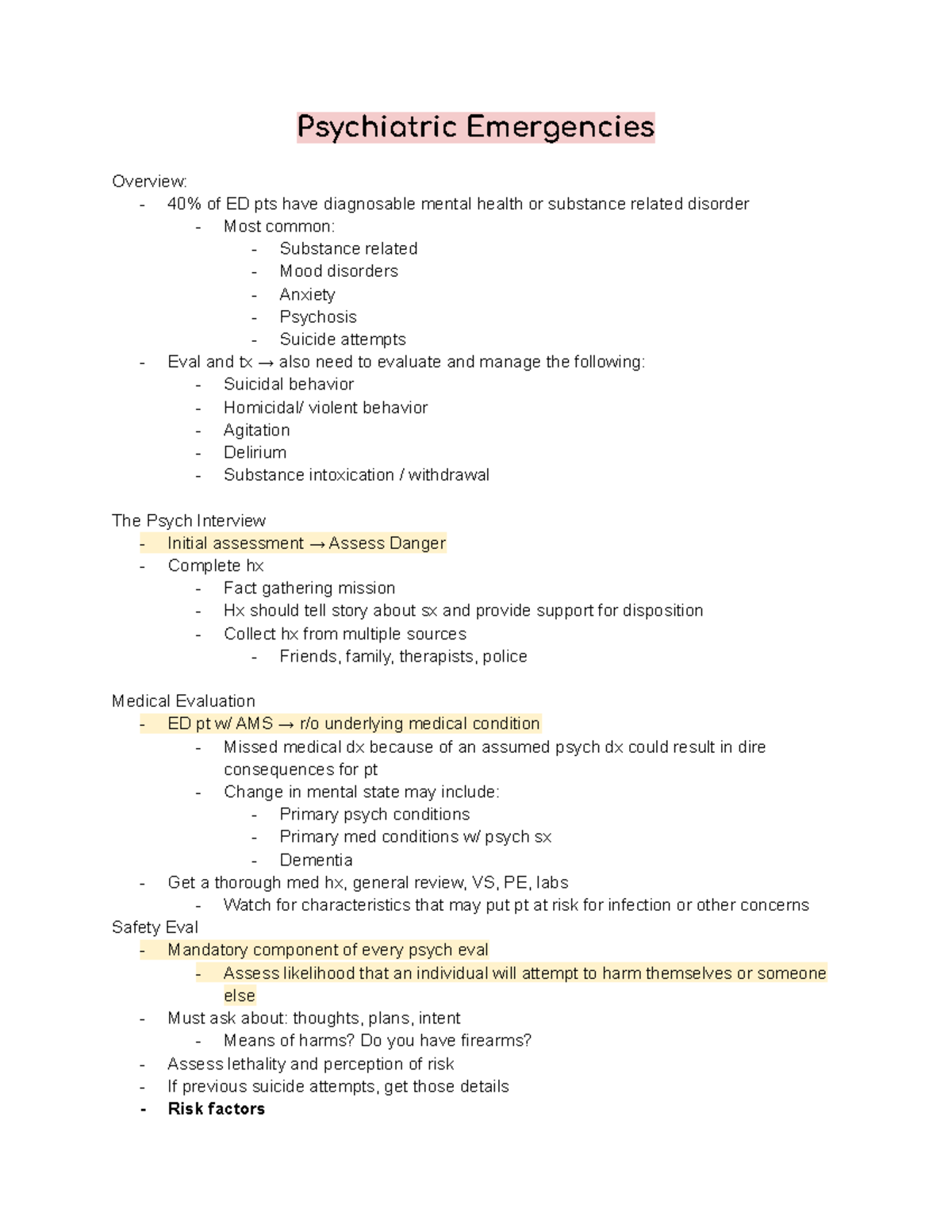 Psychiatric Emergencies - Psychiatric Emergencies Overview: - 40% of ED ...