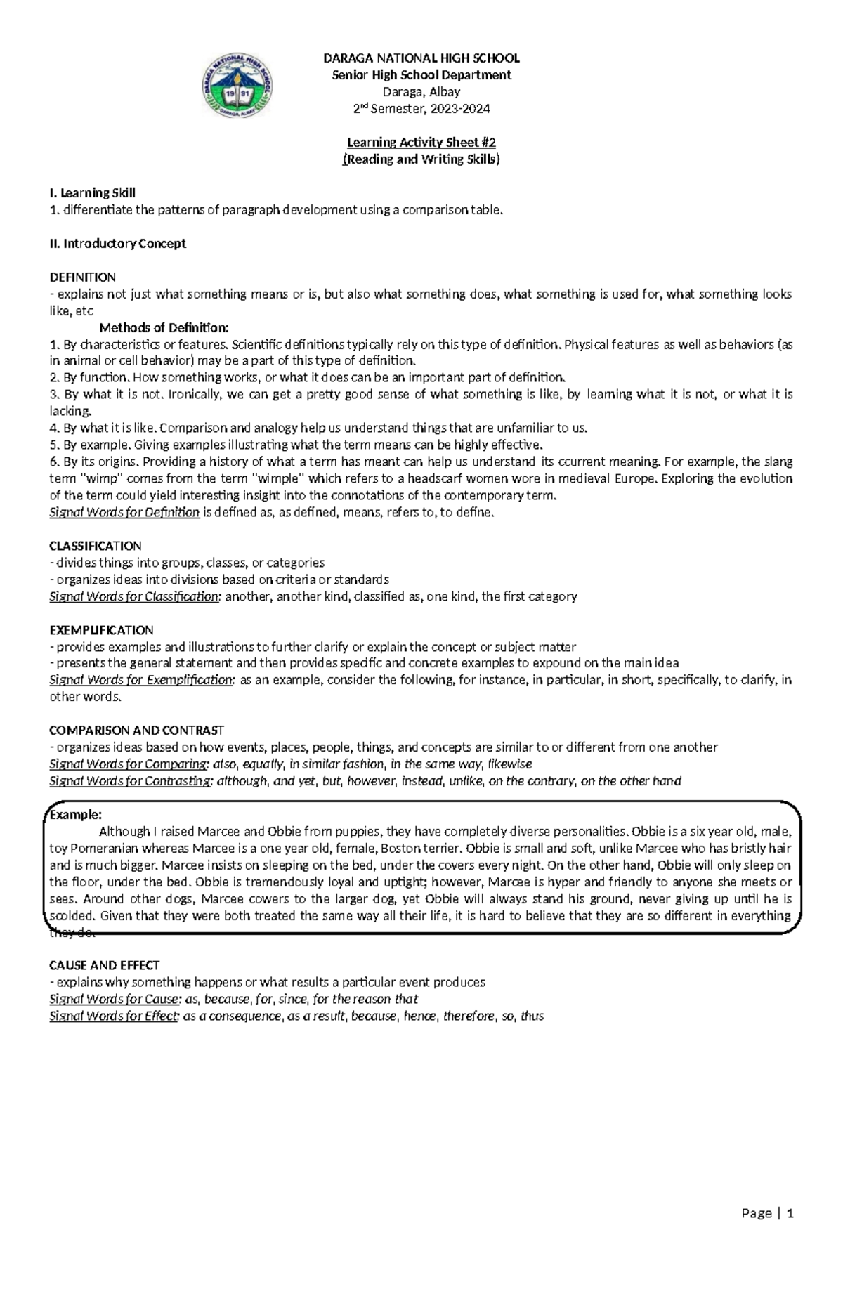 RWS LAS-2 Patterns-OF- Development - DARAGA NATIONAL HIGH SCHOOL Senior High School Department ...