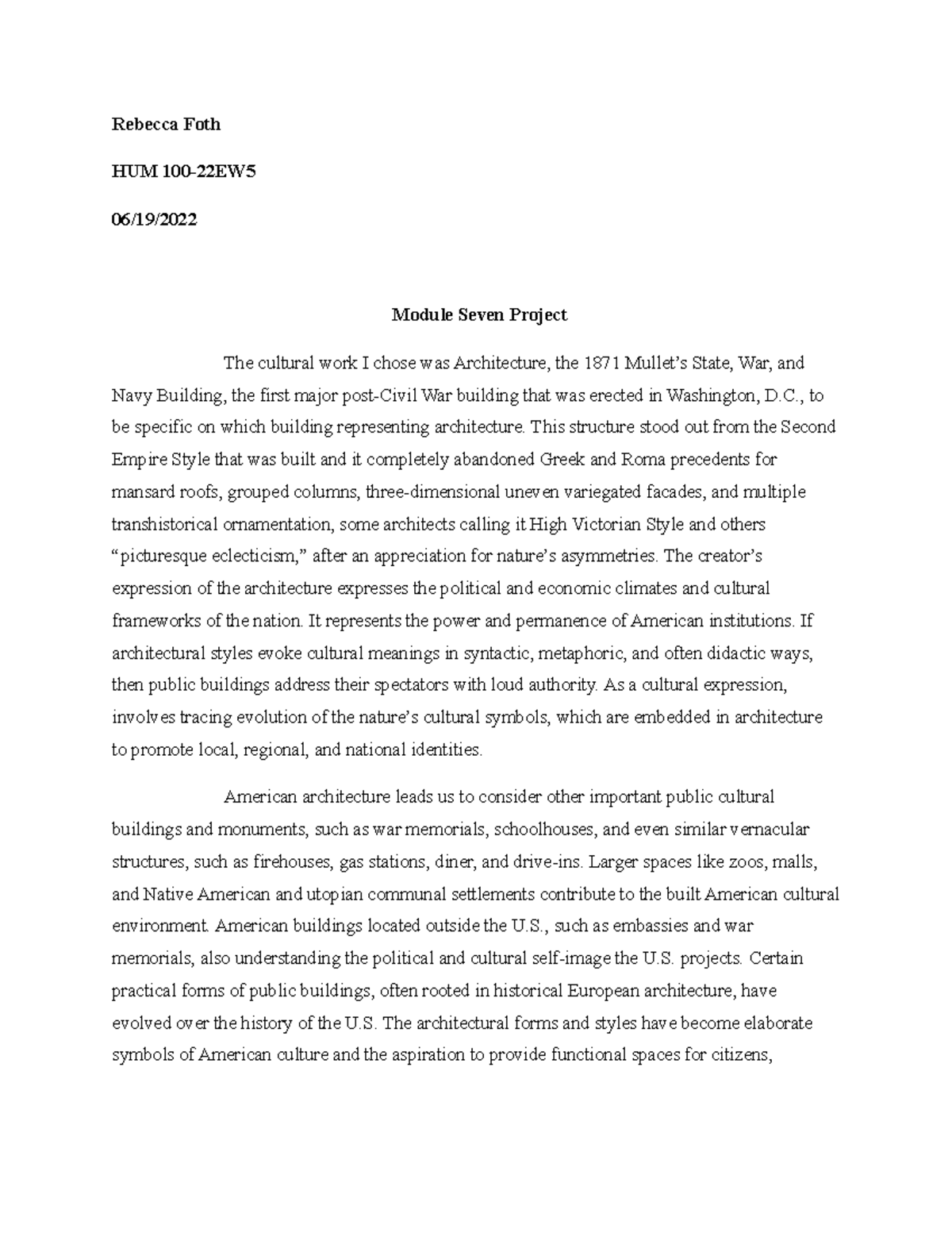 Mod 7 Project HUM-100 - Rebecca Foth HUM 100-22EW 06/19/ Module Seven ...
