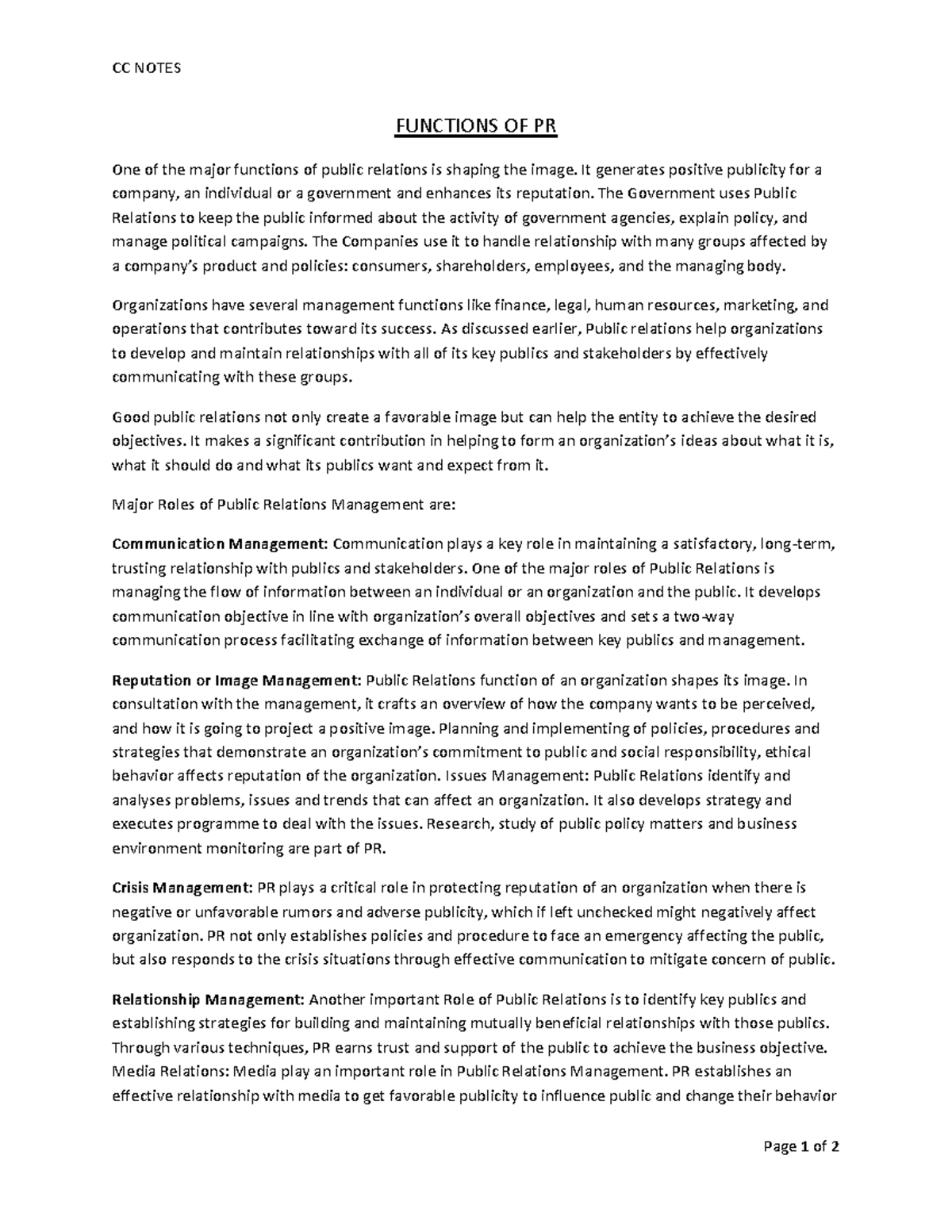 Functions OF Public Relation CC NOTES Page 1 Of 2 FUNCTIONS OF PR One functions-of-public-relation-cc-notes-page-1-of-2-functions-of-pr-one