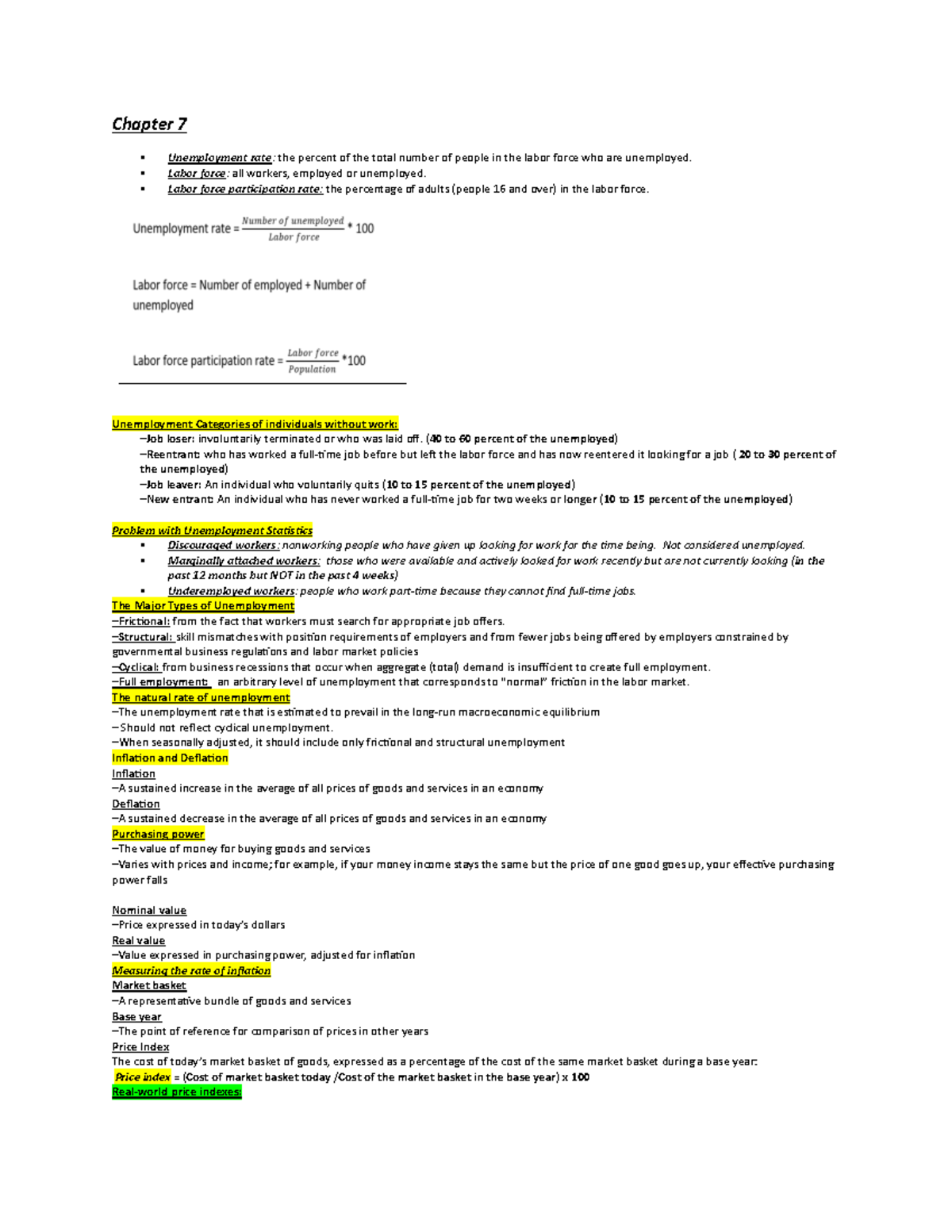 Cheat sheet econ PDF - Chapter 7 Overview - Chapter 7 Unemployment rate: the percent of the ...