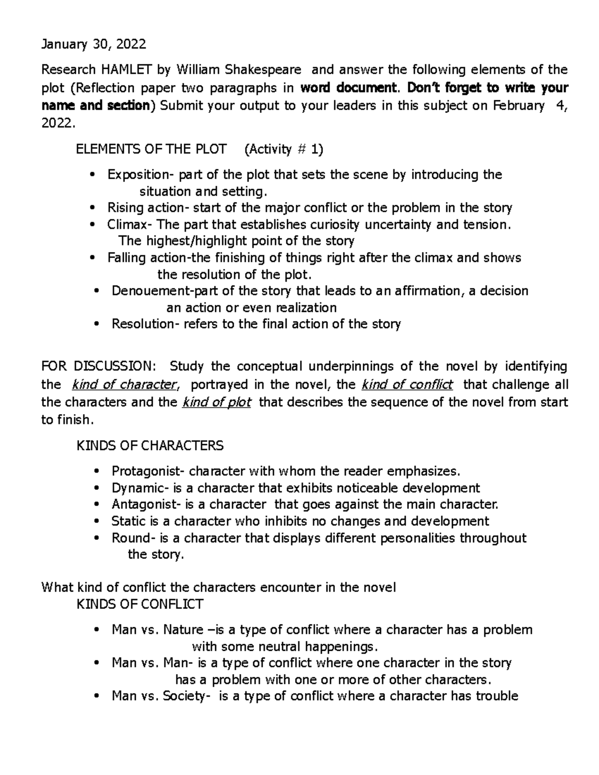 Hamlet Handouts and Activities for Week 1 - January 30, 2022 Research ...