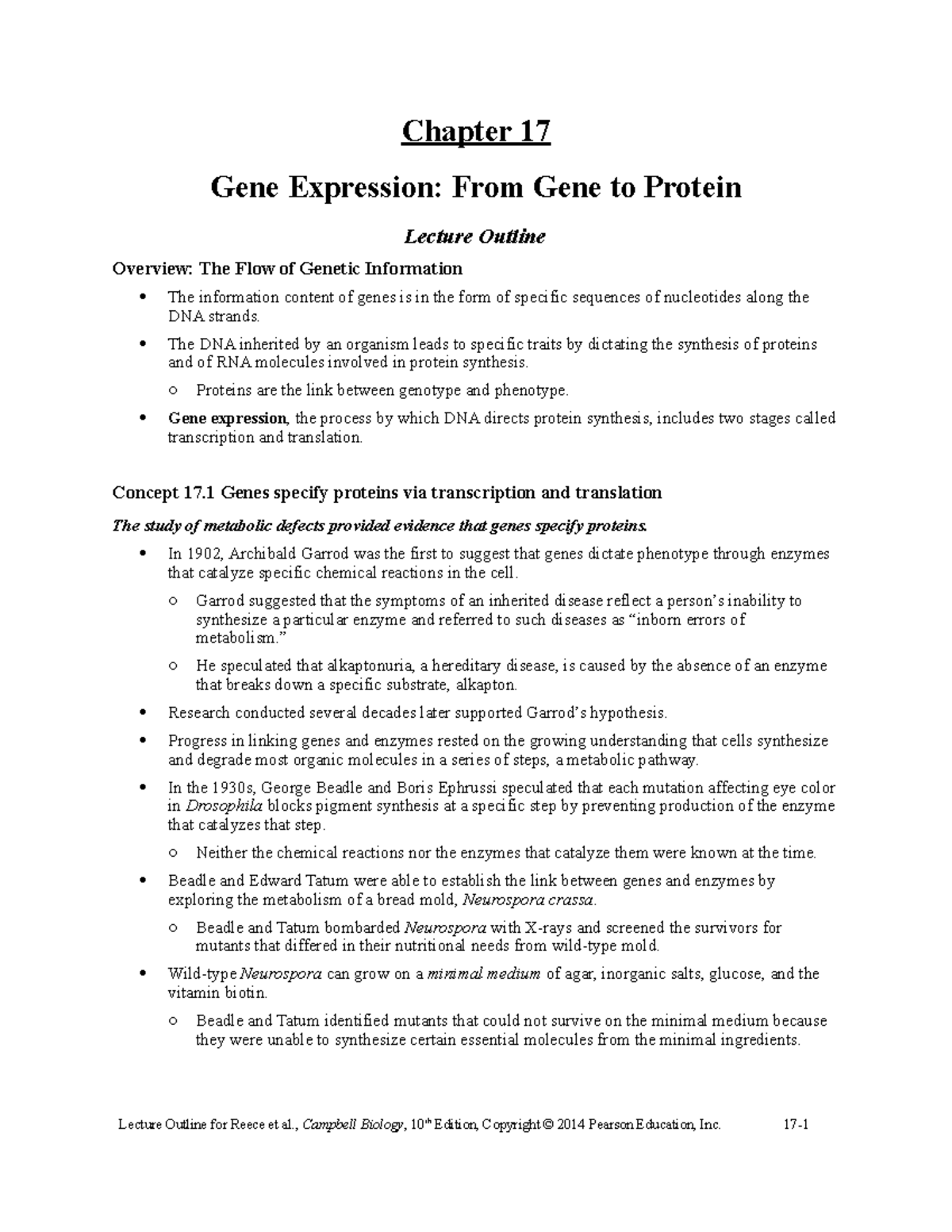 Reece 10e Lecture Ch17 - Chapter 17 Gene Expression: From Gene to ...