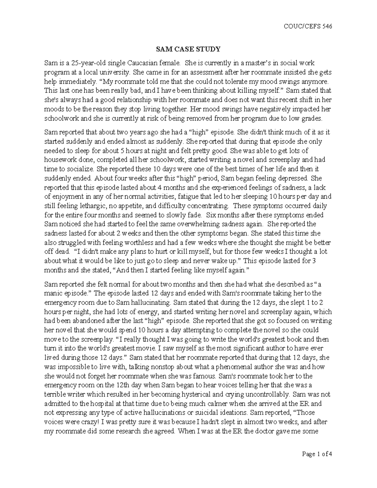 Sam Case Study COUC CEFS 546 - SAM CASE STUDY Sam is a 25-year-old ...