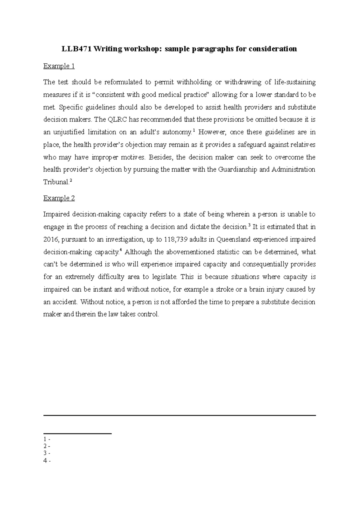 Writing workshop sample paragraphs (Week 4 Content) - LLB471 Writing ...