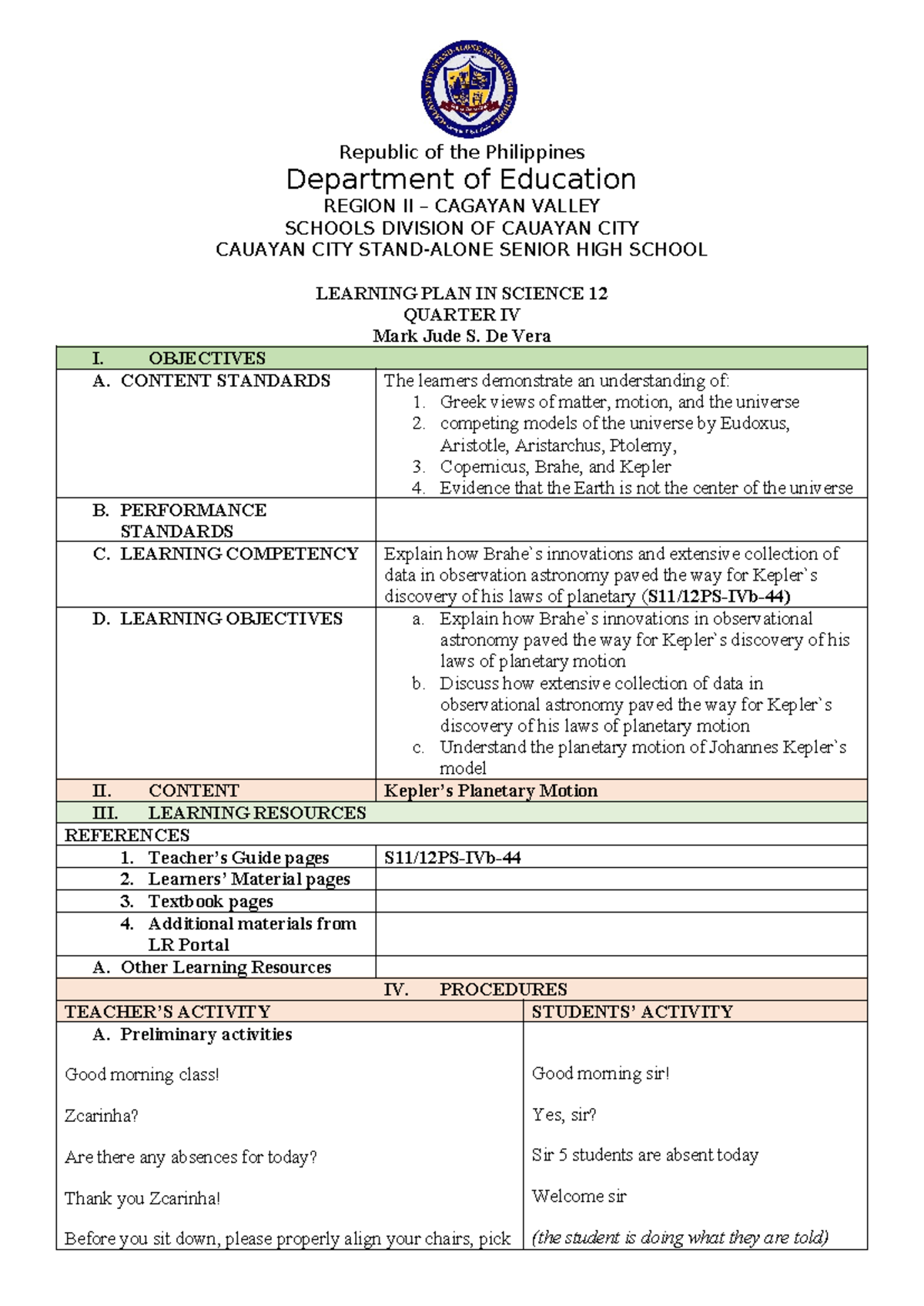 Lesson PLAN S11 12PS IVb 44 - Republic of the Philippines Department of ...