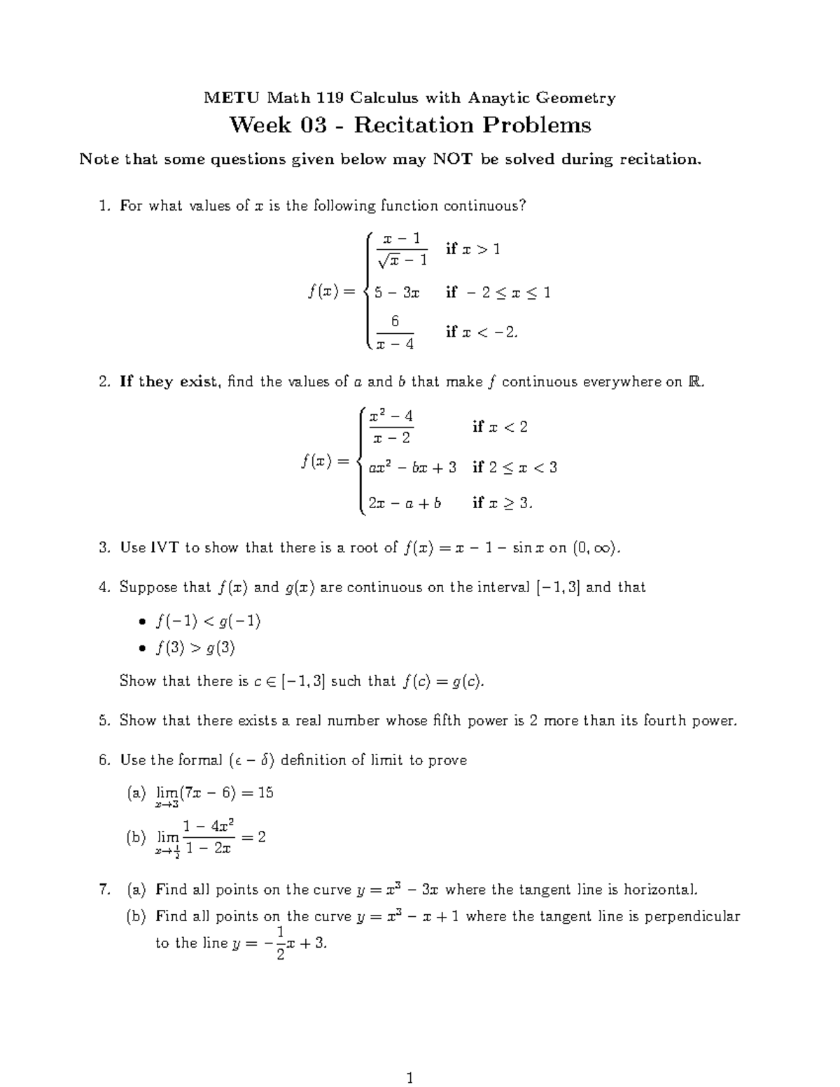 Math119 Spring 2023 2024 Recitation 3 - METU Math 119 Calculus with Anaytic Geometry Week 03 ...