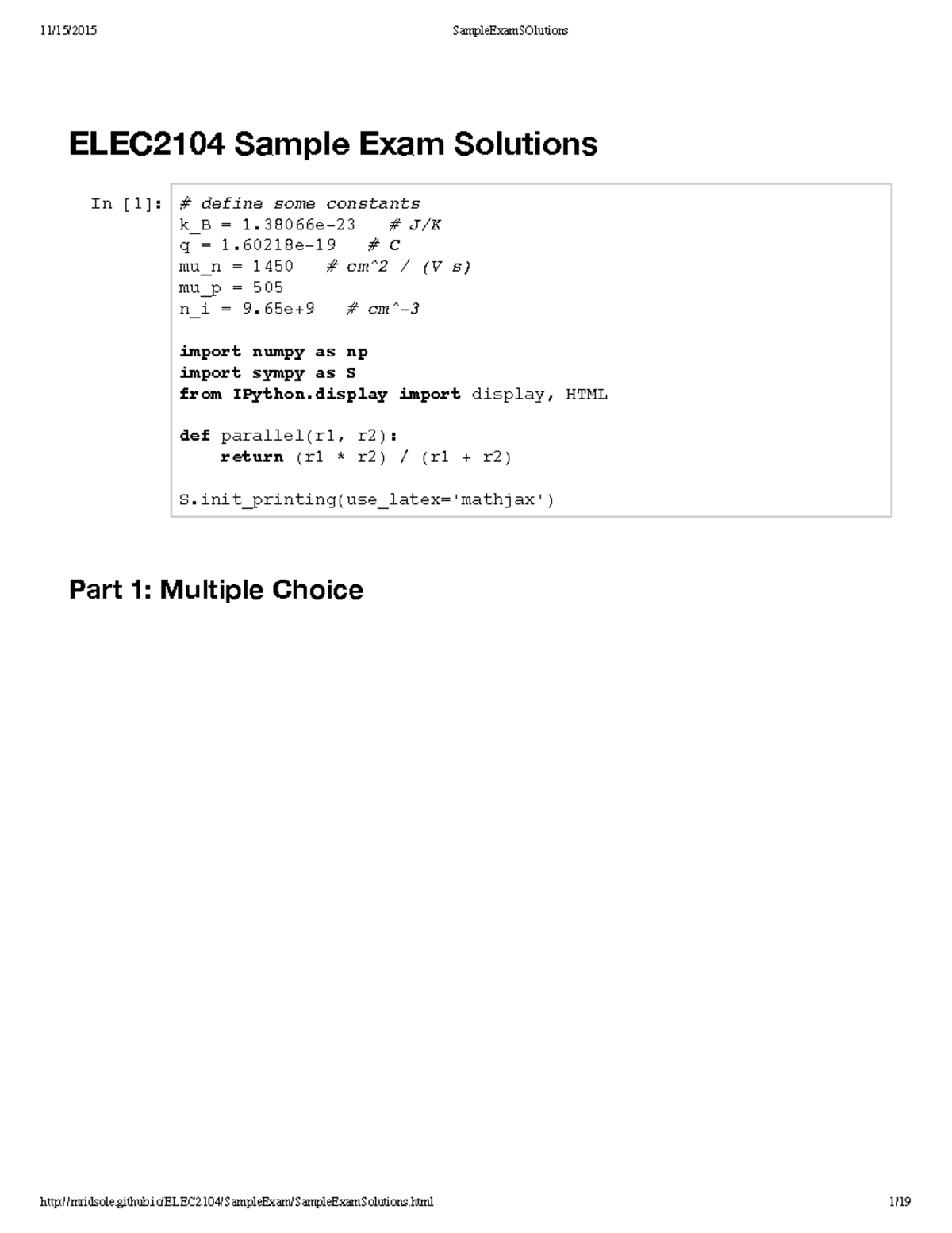 2015 Exam - ELEC3305 - ELEC2104 Sample Exam Solutions In [1]: # define ...
